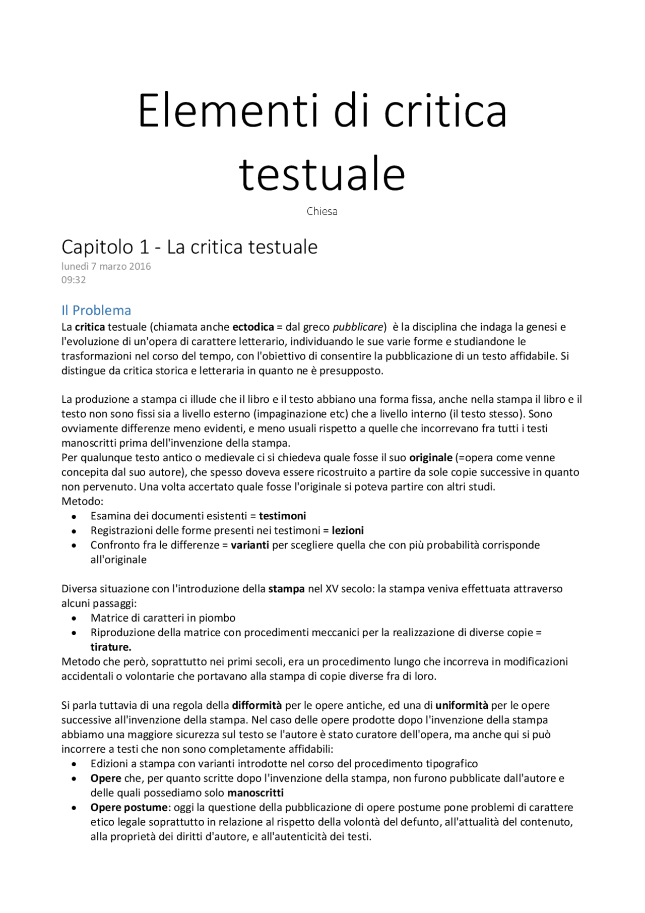 Chiesa Elementi Di Critica Testuale Docsity