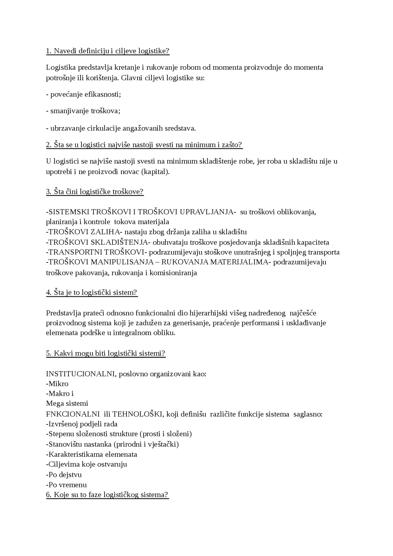 Logistika: 37 pitanja sa odogovorima i glavne definicije | Skripte od Ekonomika saobraćaja | Docsity