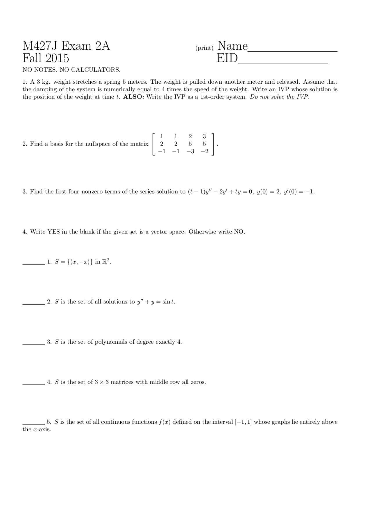 5 Questions on Matrix and Matrices - Exam 2 | M 427K - Docsity