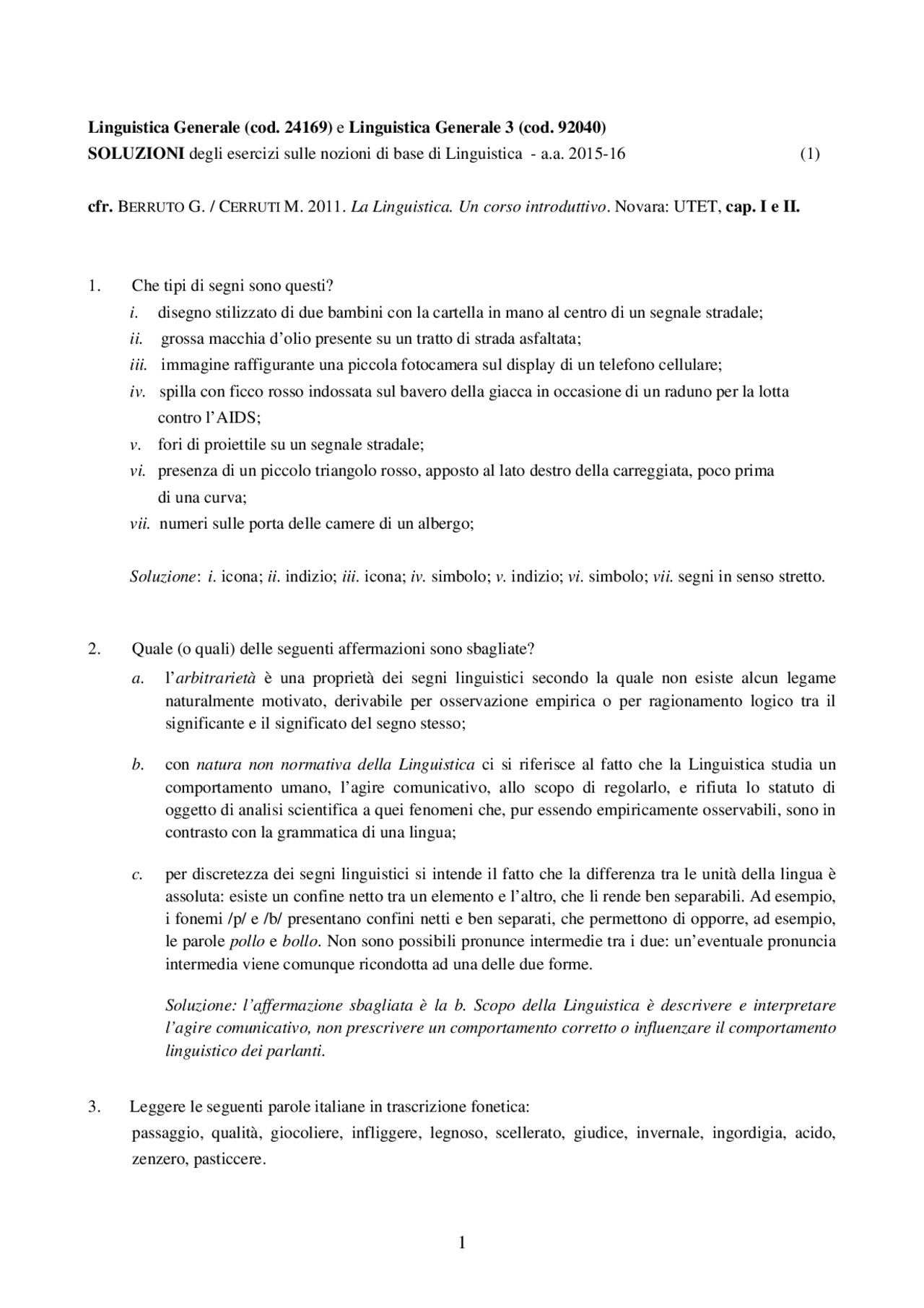 Soluzioni esercizi linguistica | Esercizi di Linguistica | Docsity