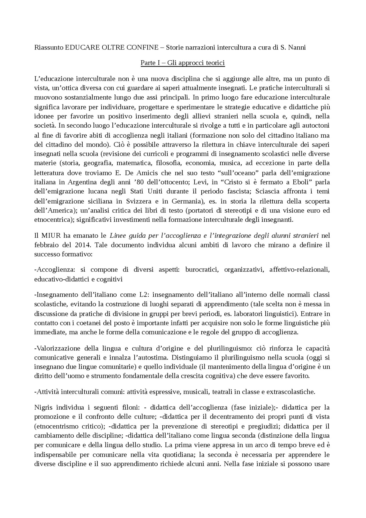 Riassunto Educare Oltre Confine Docsity