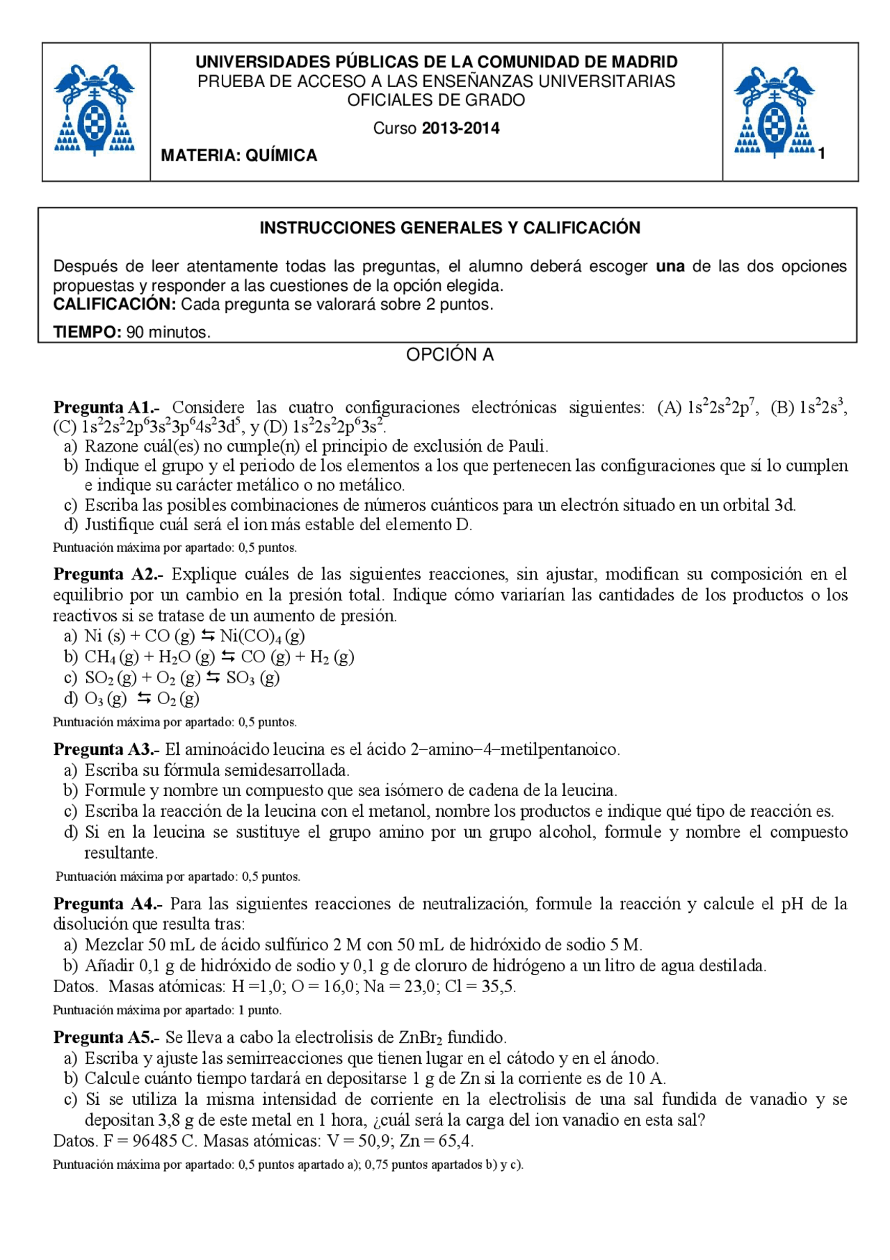 Examen Selectividad Química Madrid 2014 Docsity