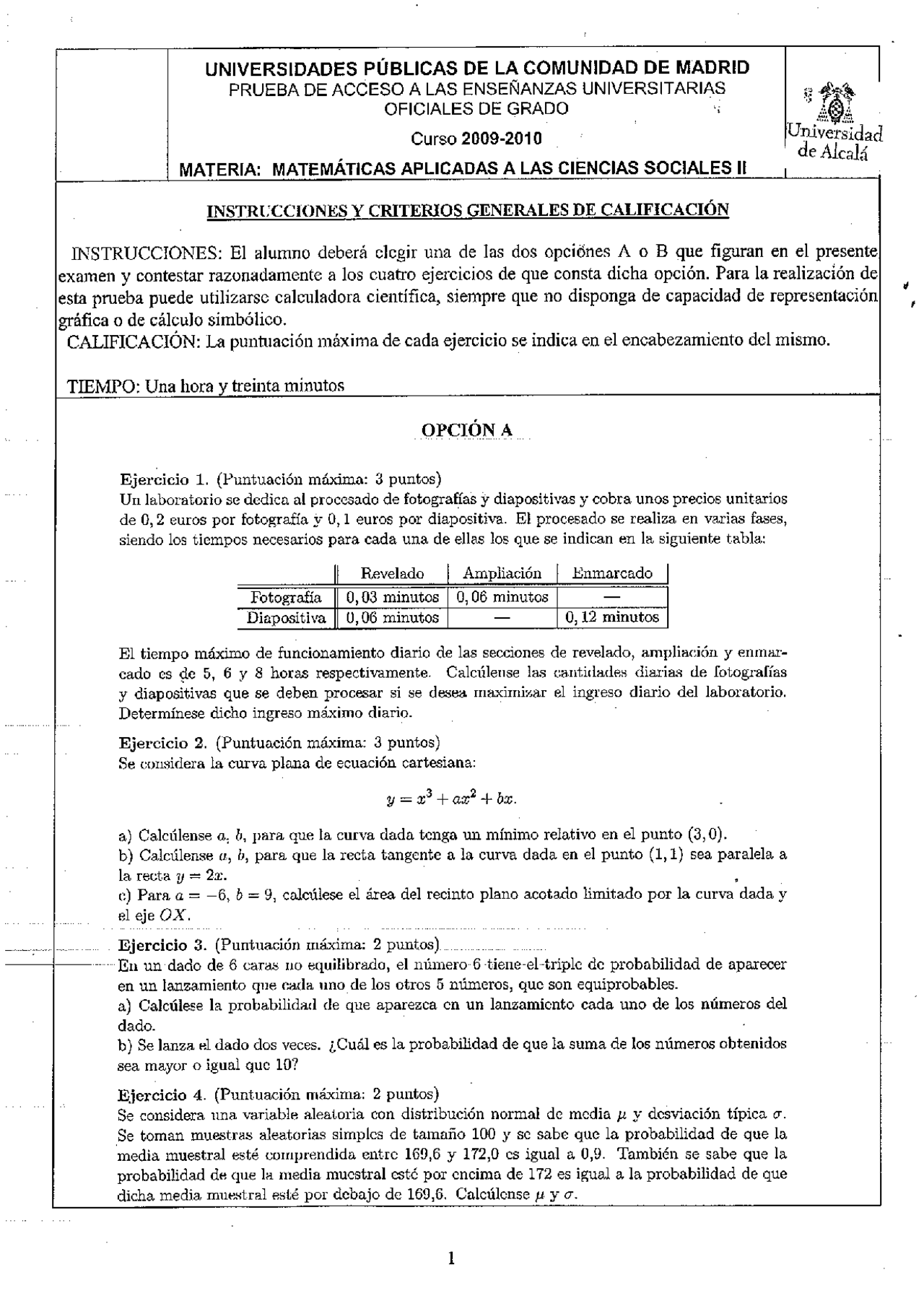 Examen Selectividad Matemáticas Madrid 2010 Docsity