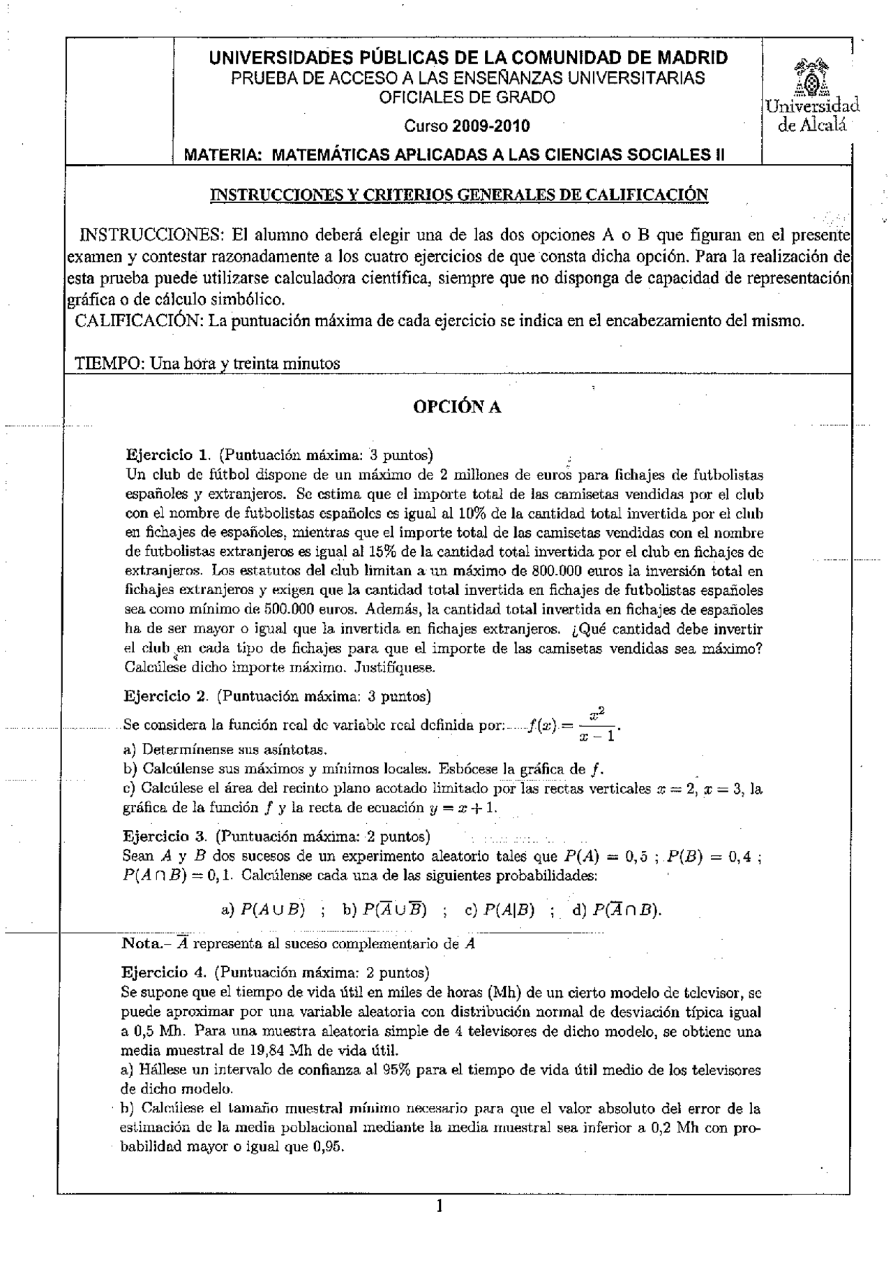 Examen Selectividad Matemáticas Madrid 2010 Docsity
