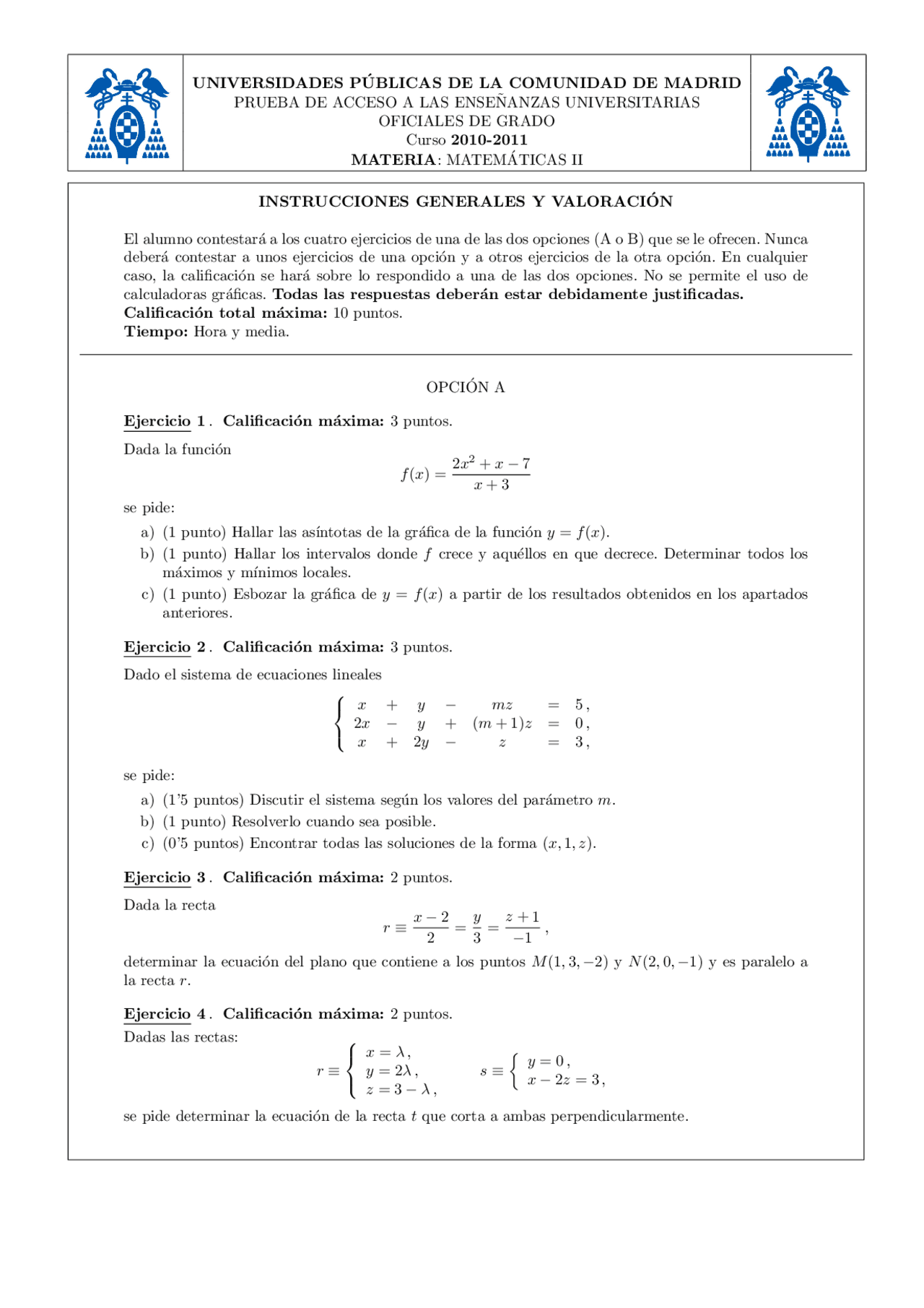 Exámenes Selectividad Matemáticas Madrid 2011 Docsity