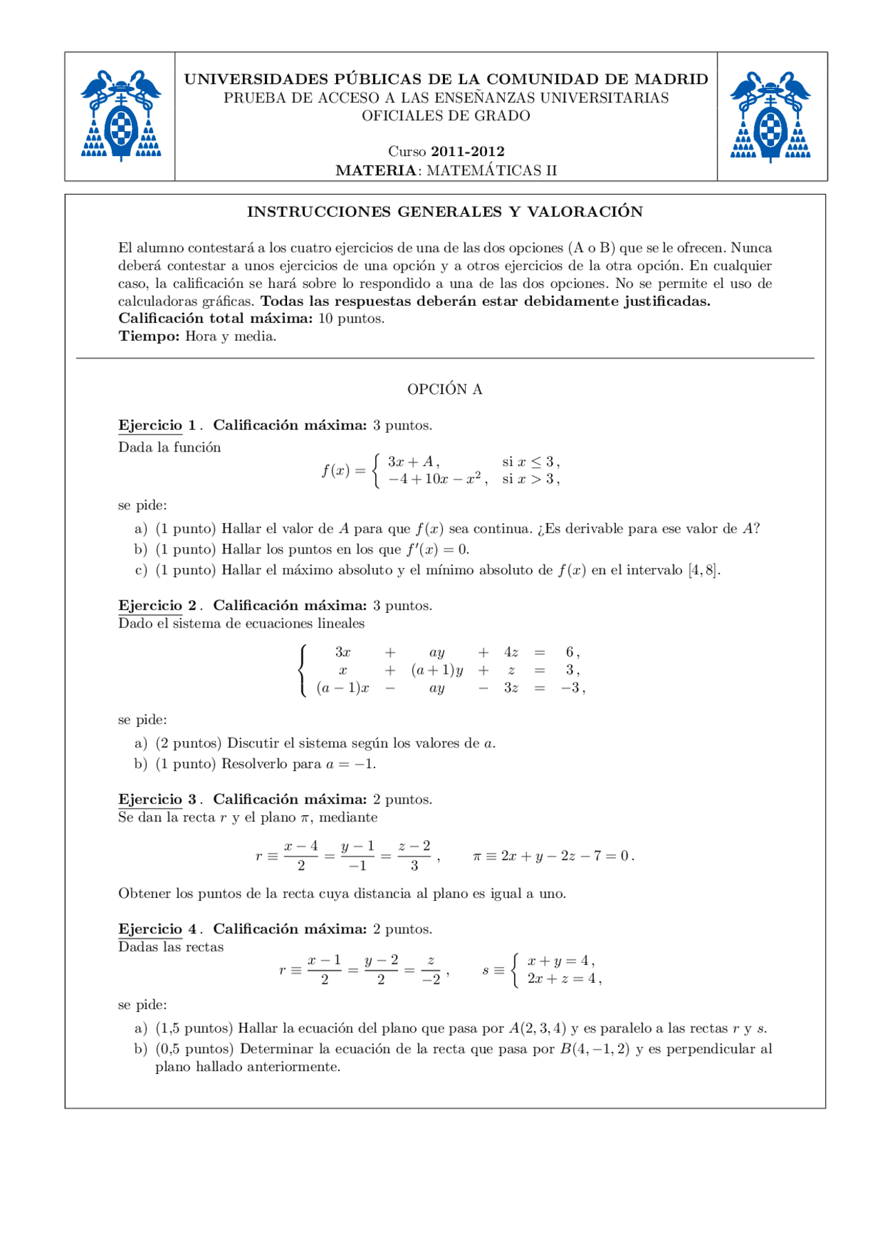 Exámenes Selectividad Matemáticas Madrid 2012 Docsity