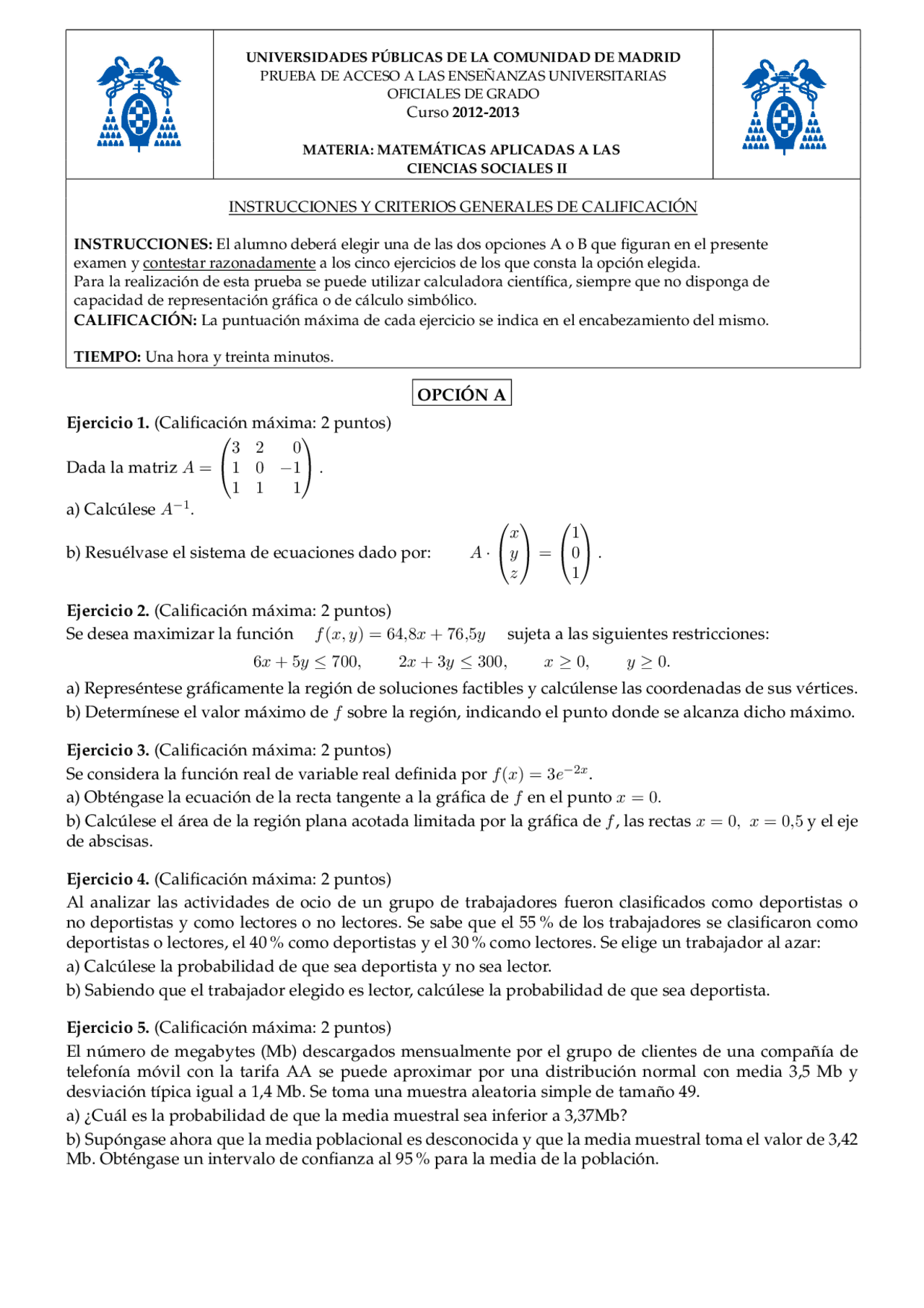 Examen Selectividad Matemáticas Madrid 2013 Docsity