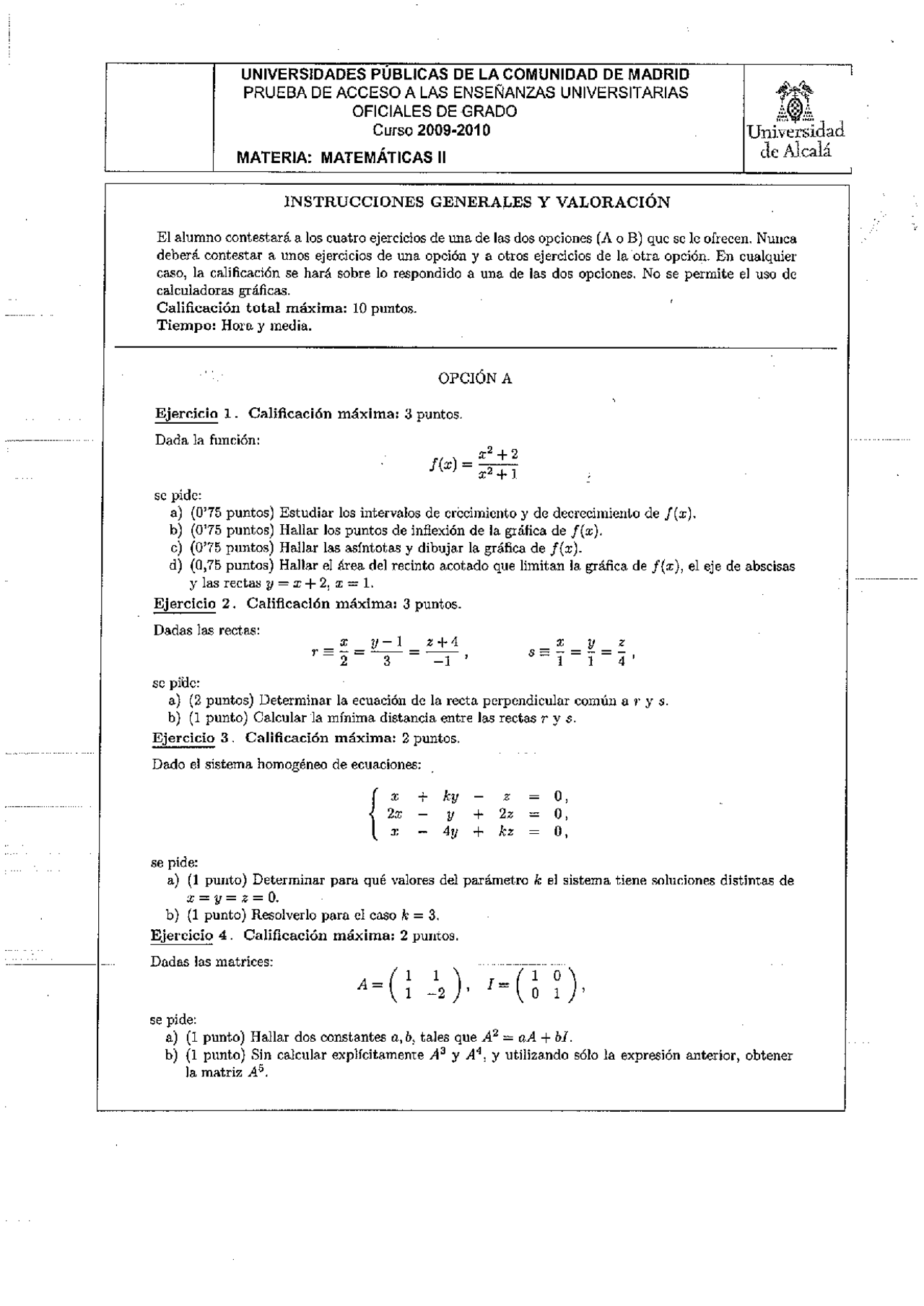 Selectividad Matemáticas Madrid 2010 Docsity
