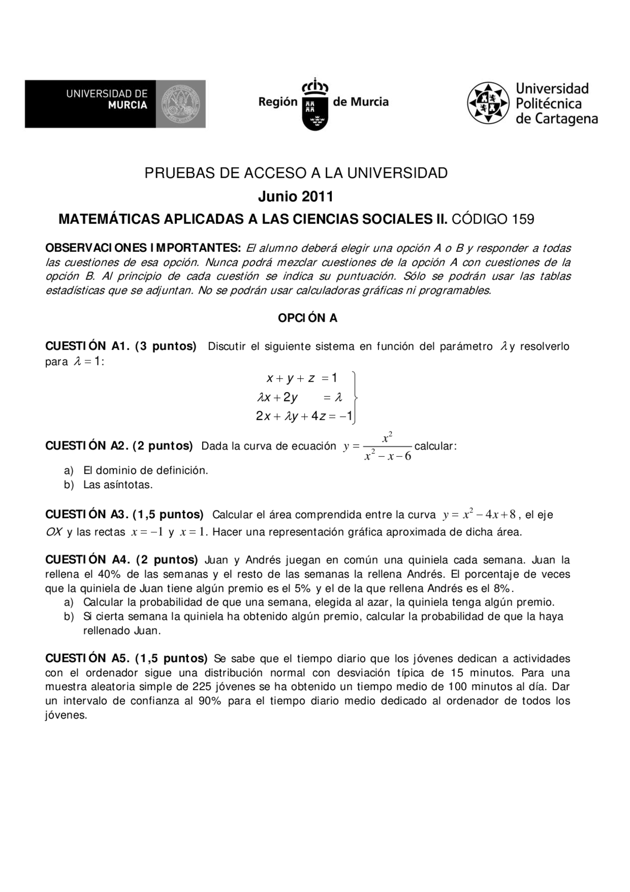 Exámenes Selectividad Matemáticas Murcia 2011 Docsity