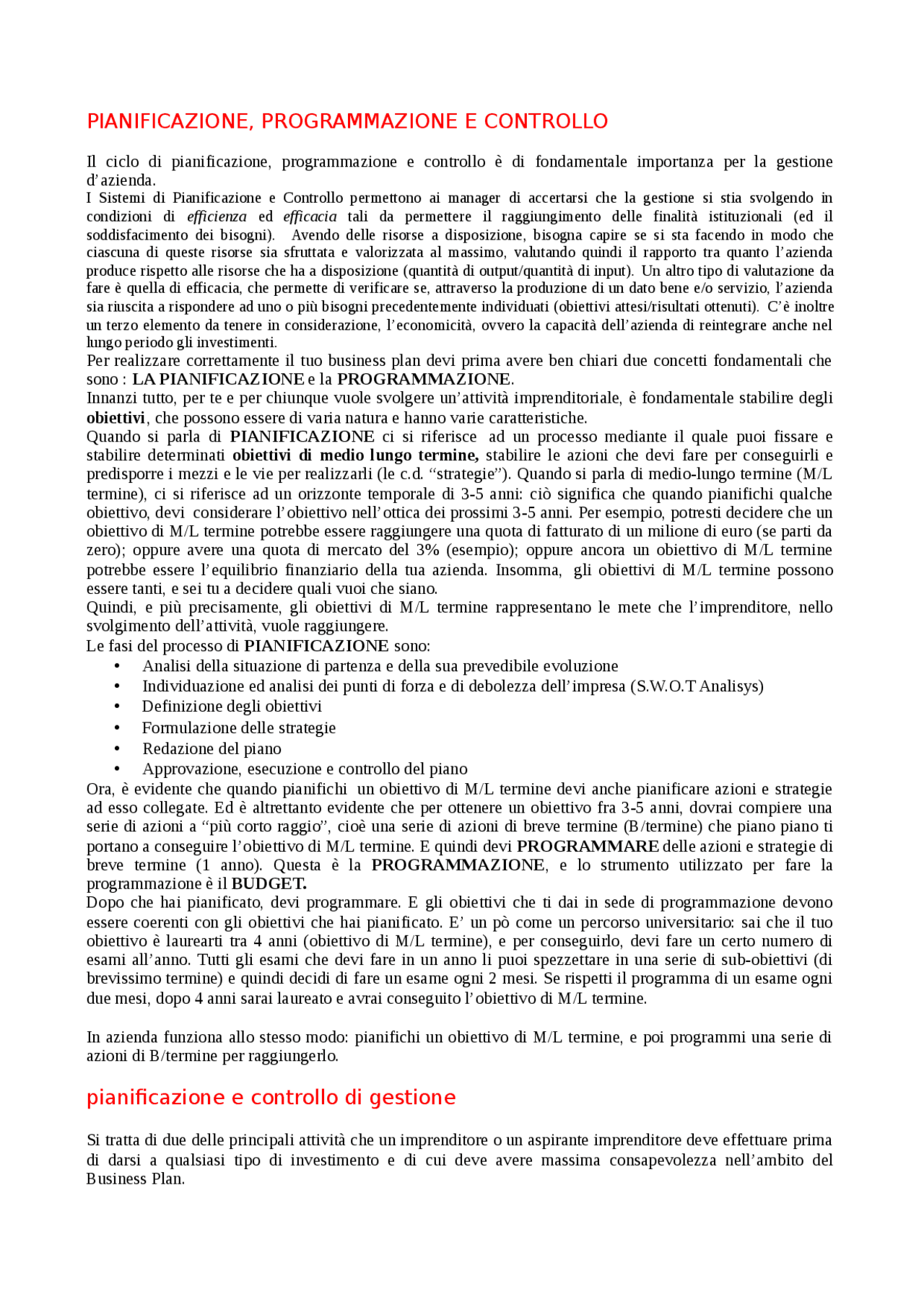 Pianificazione, programmazione e controllo - Docsity