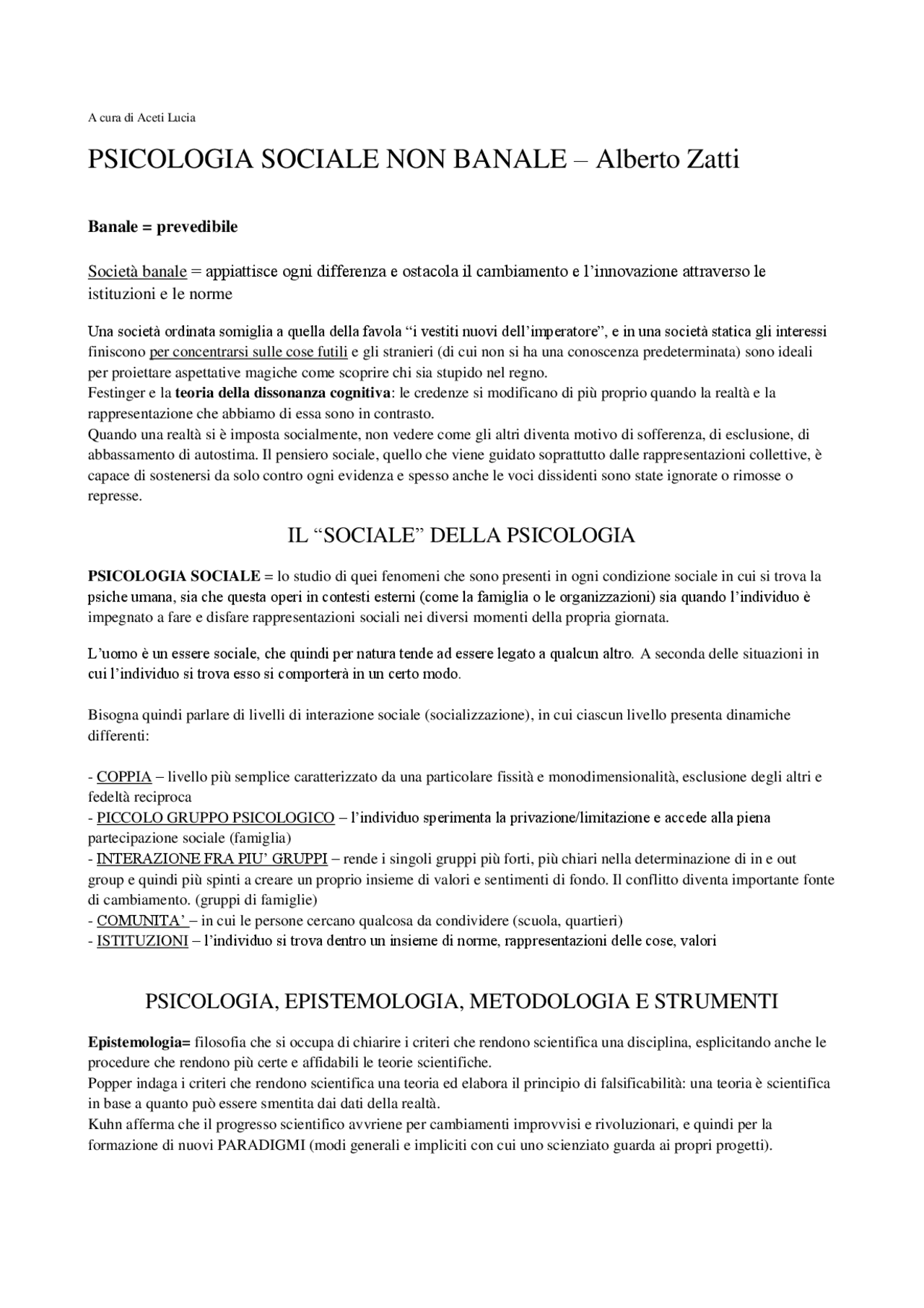 PSICOLOGIA SOCIALE NON BANALE di Alberto Zatti - Docsity