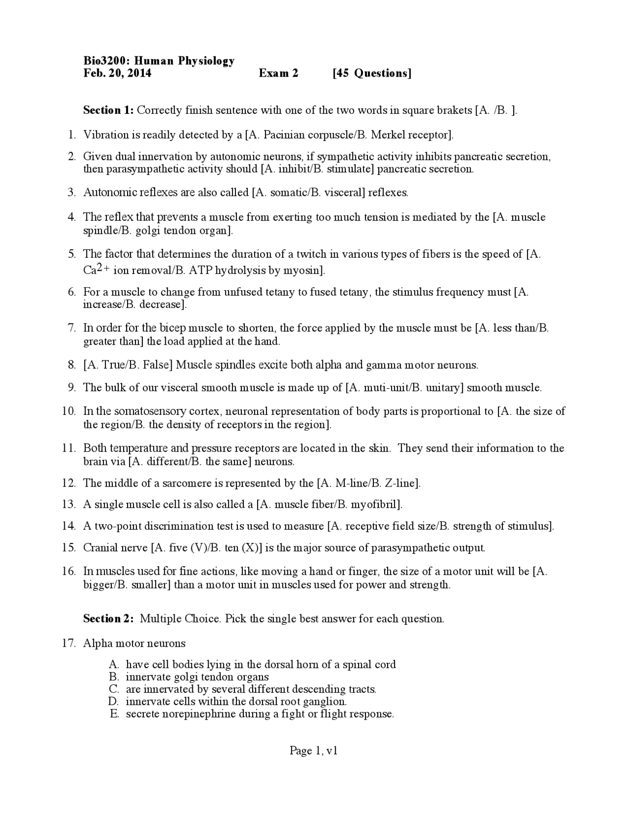 Human Physiology Exam Questions | BIO 3200 - Docsity
