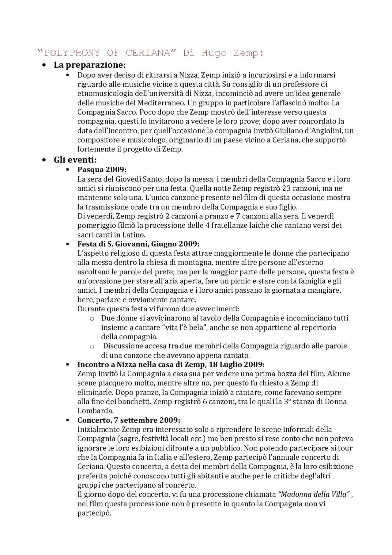 Riassunto in italiano della guida al documentario di "Polyphony of ...