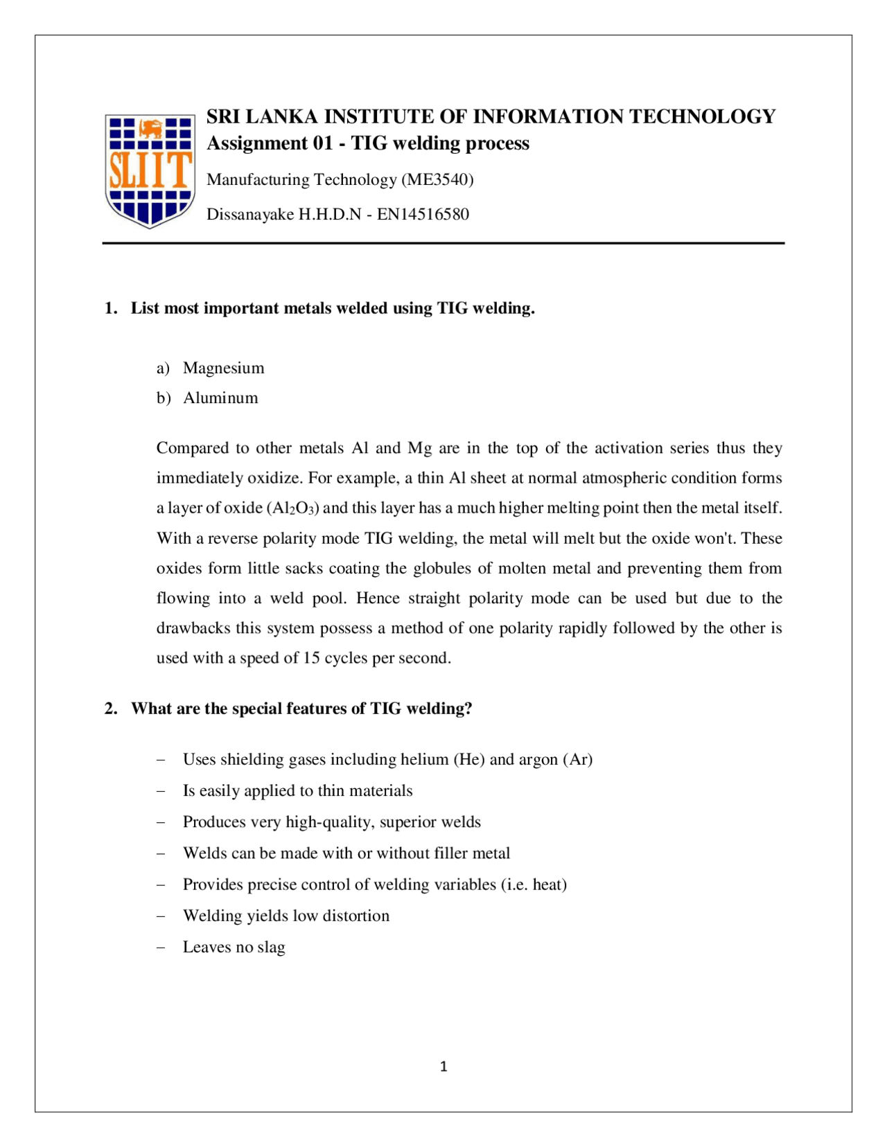 Assignment 01 tig welding process | Exercises Mechanical Engineering ...