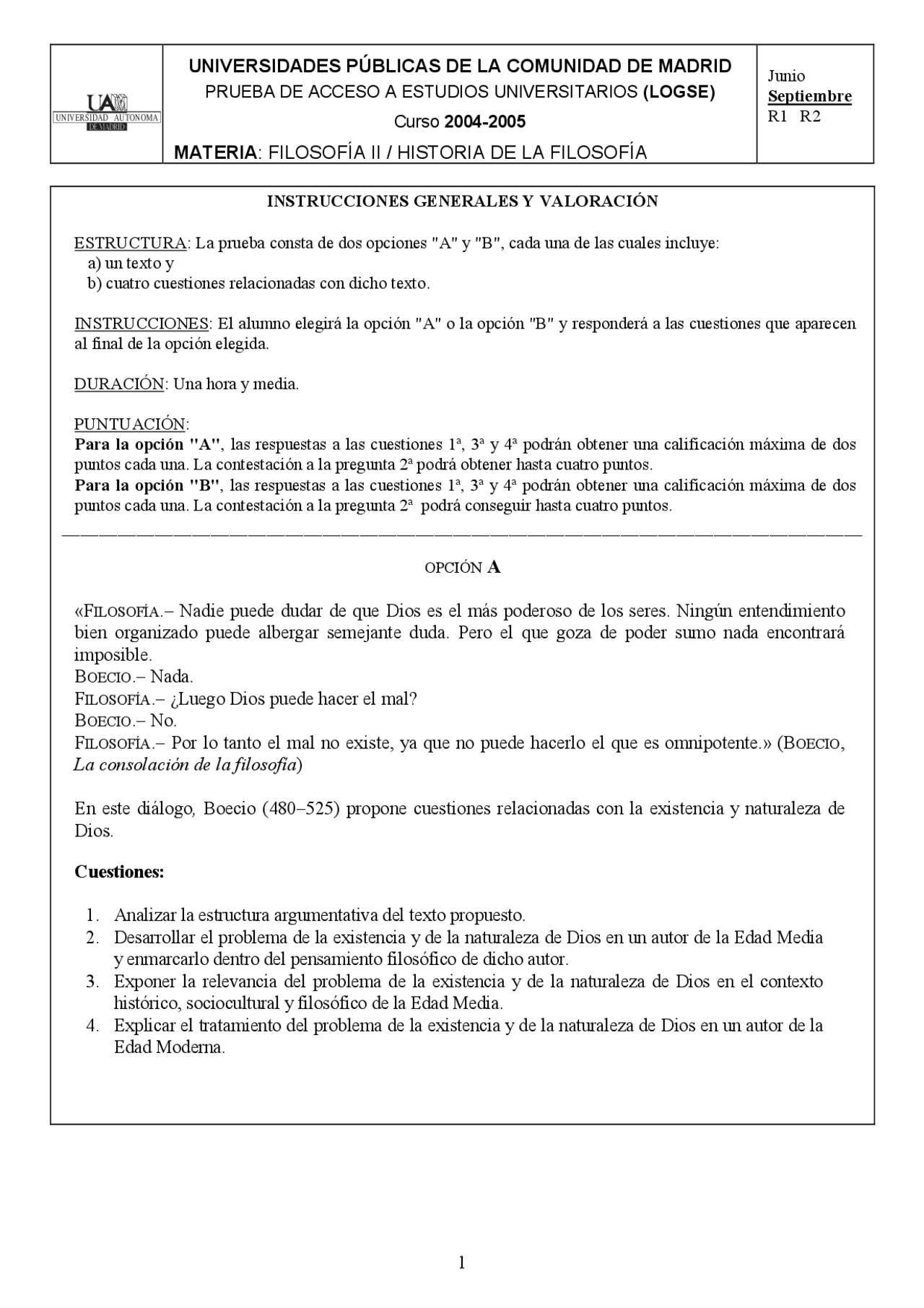 Exámenes Selectividad Filosofía Madrid 2004 Docsity