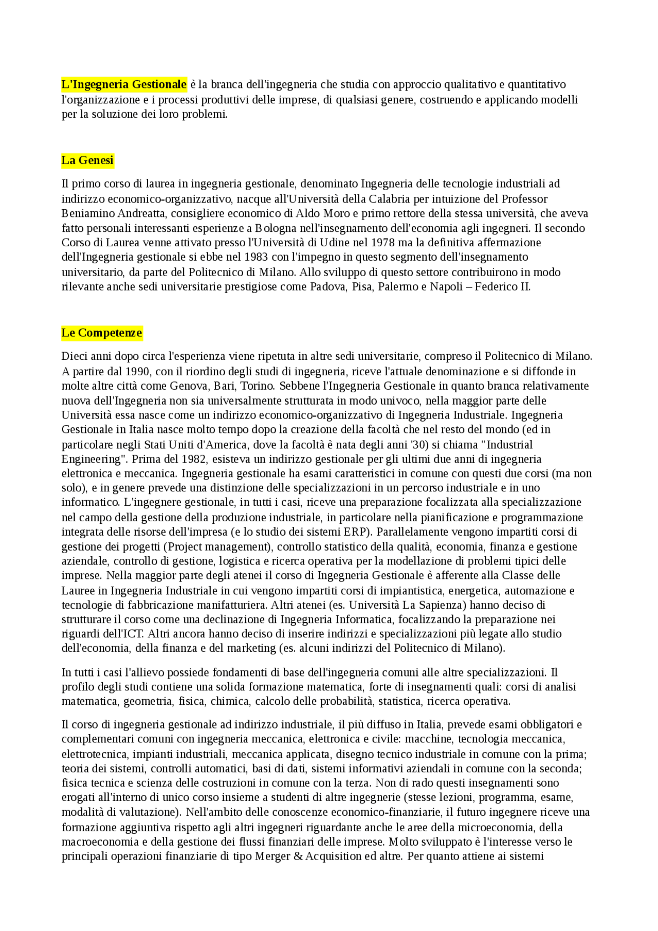 Ingegneria Gestionale Docsity