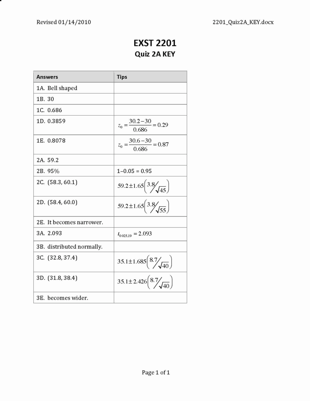 Quiz 2a Key Statistical Analysis Exst 2201 Quizzes Statistics