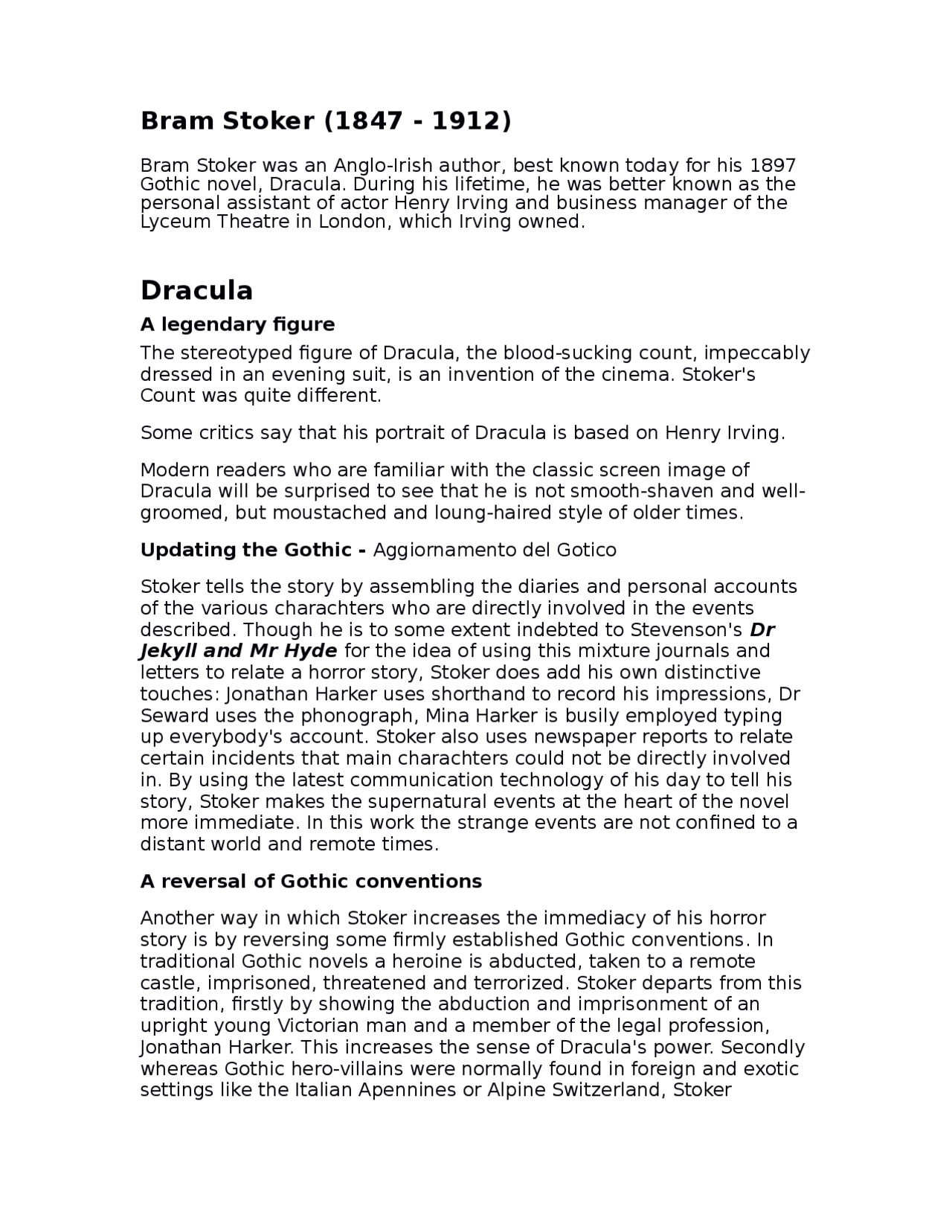 Bram stoker, Dracula | Appunti di Inglese | Docsity