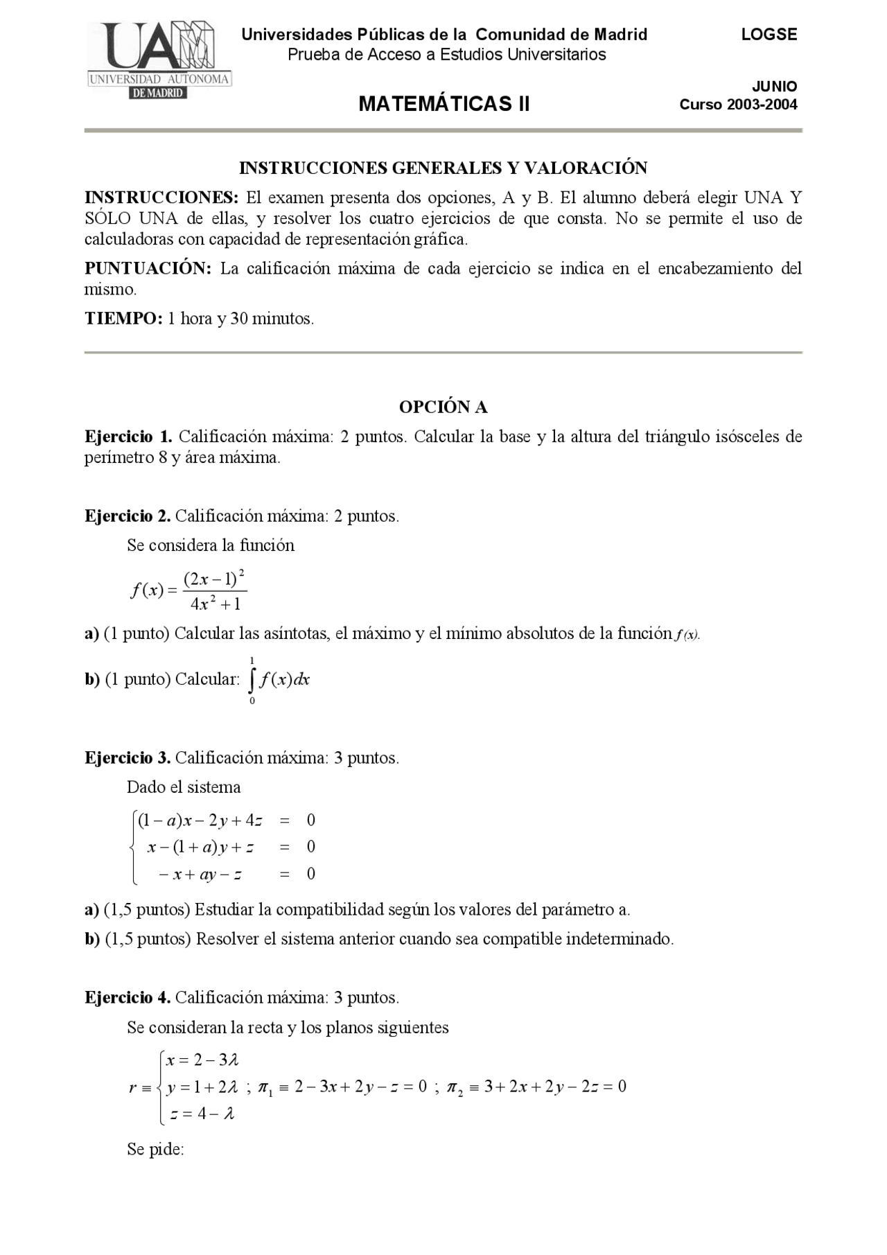 Selectividad Matemáticas 2 Madrid 2003 Docsity