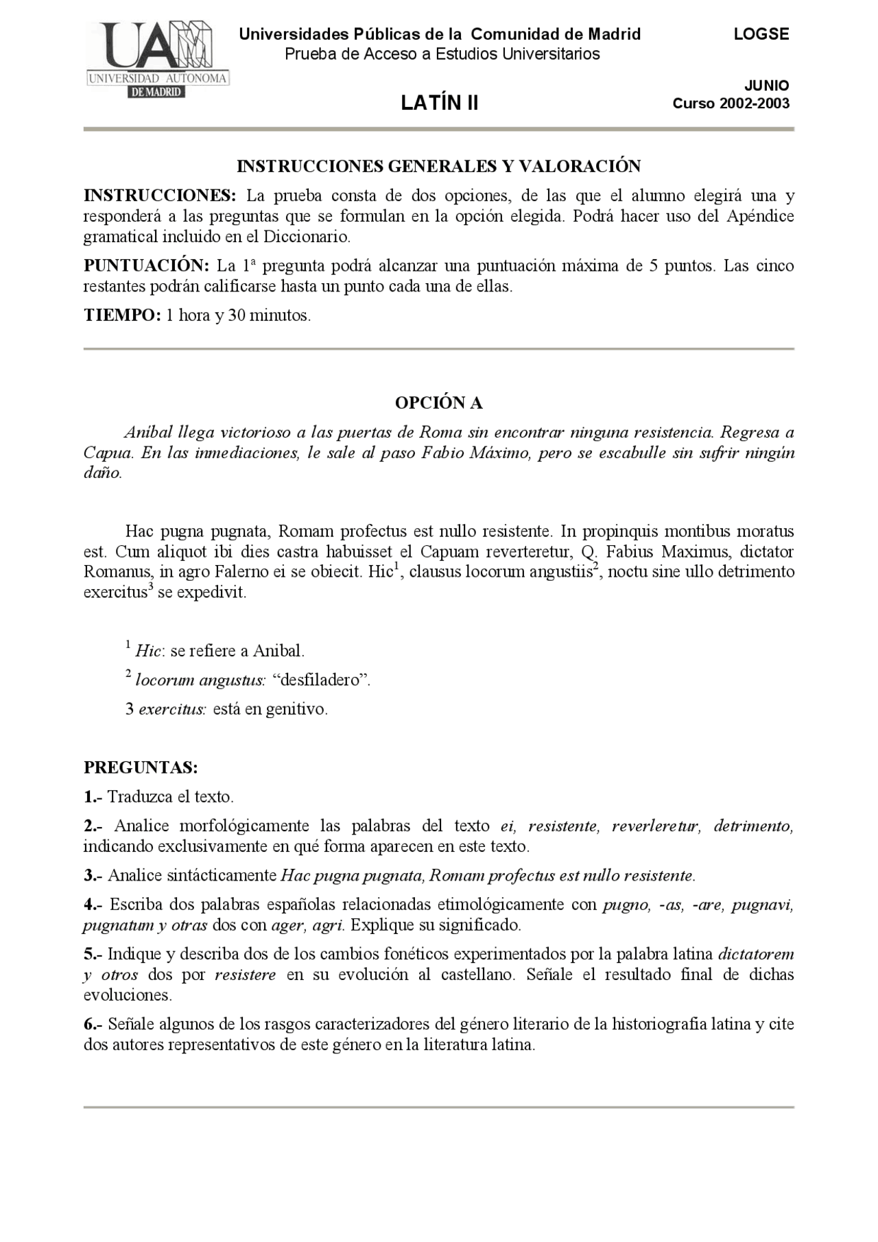 Latín Pau Madrid 2002 Exámenes Selectividad De Latín Docsity