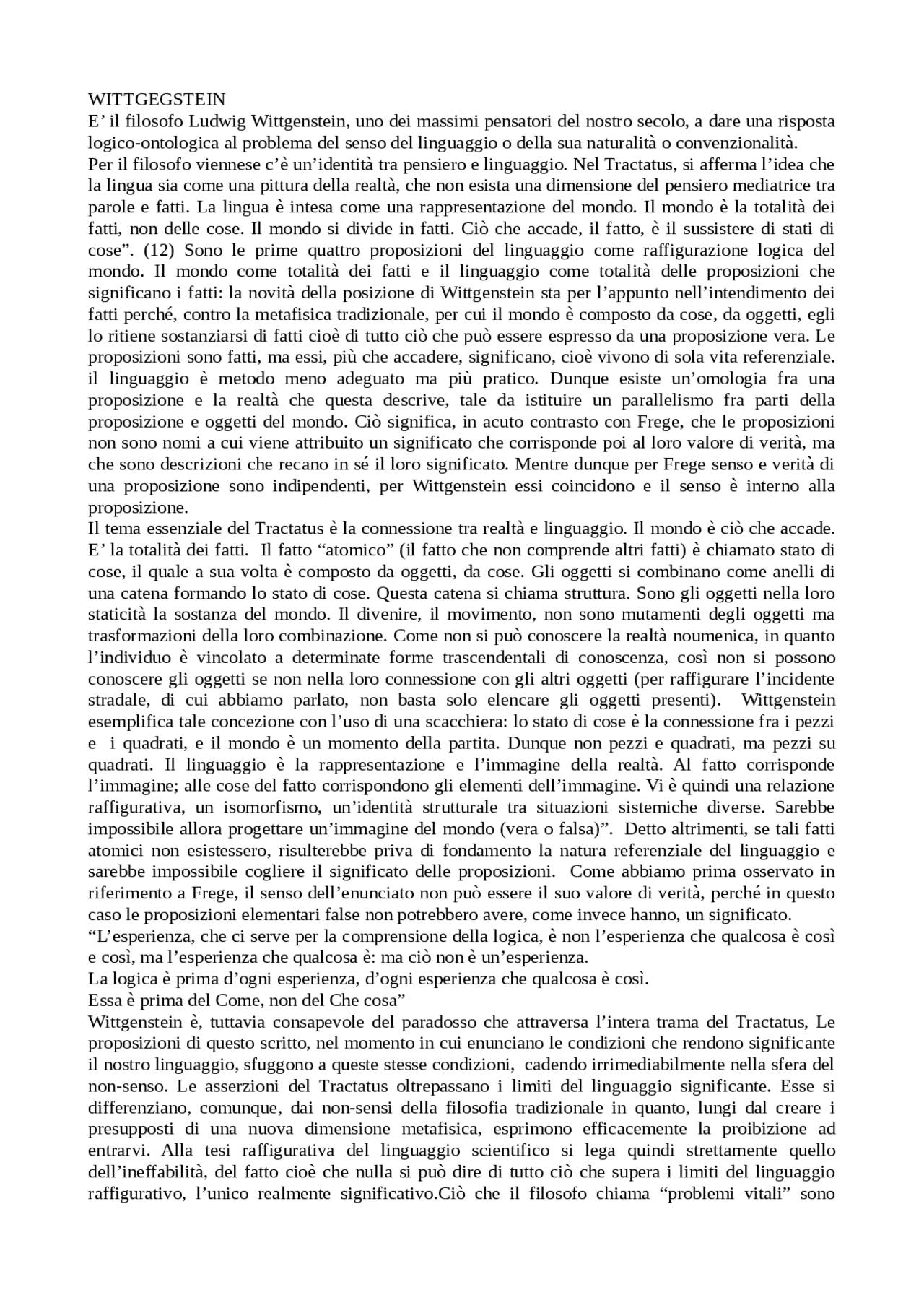 Wittgenstein Appunti Di Filosofia Docsity