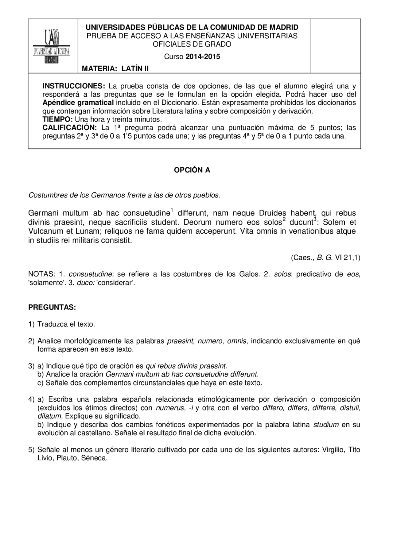 Exámenes Latín Selectividad Madrid 2014 Provas Enem De Latino Docsity