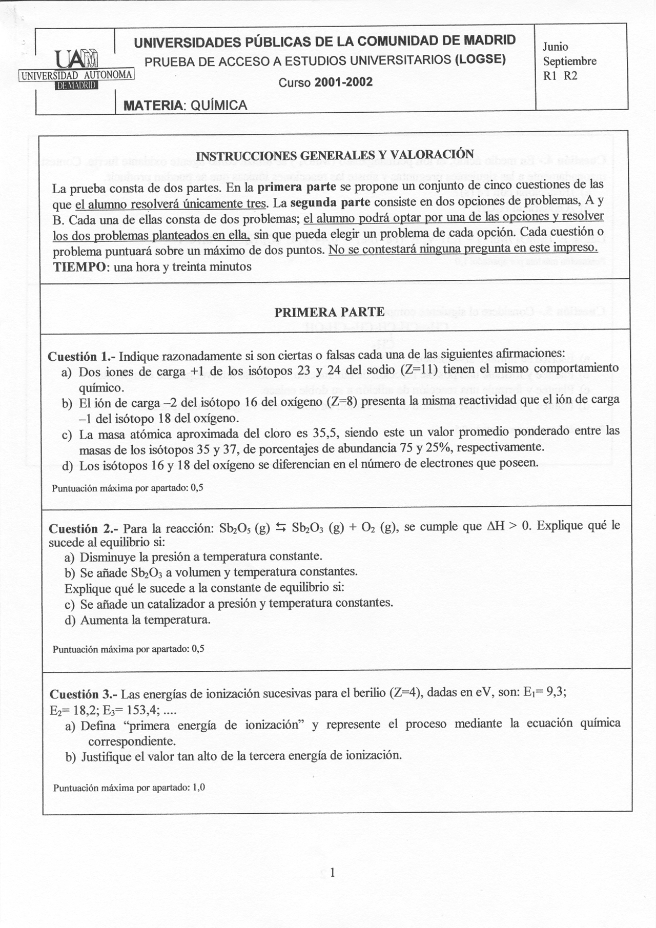 Selectividad Química Madrid 2001 Docsity