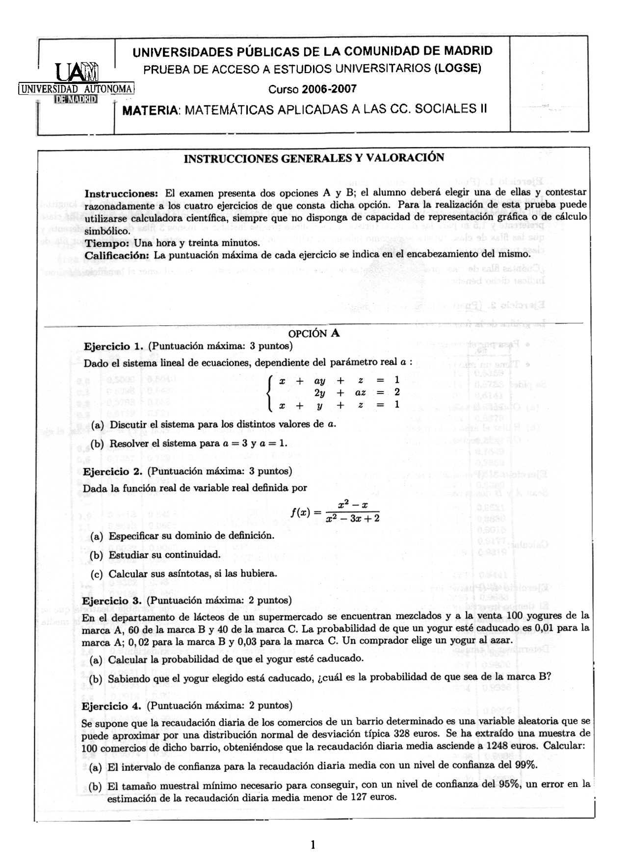 Exámenes Selectividad Matemáticas Madrid 2006 Docsity