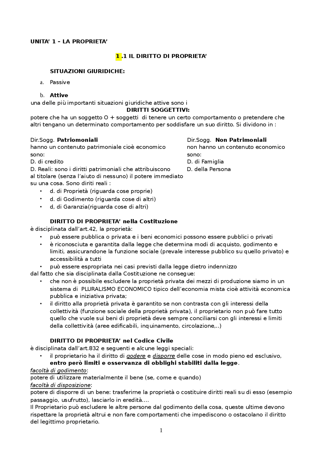 Unita 1 la proprieta - Docsity