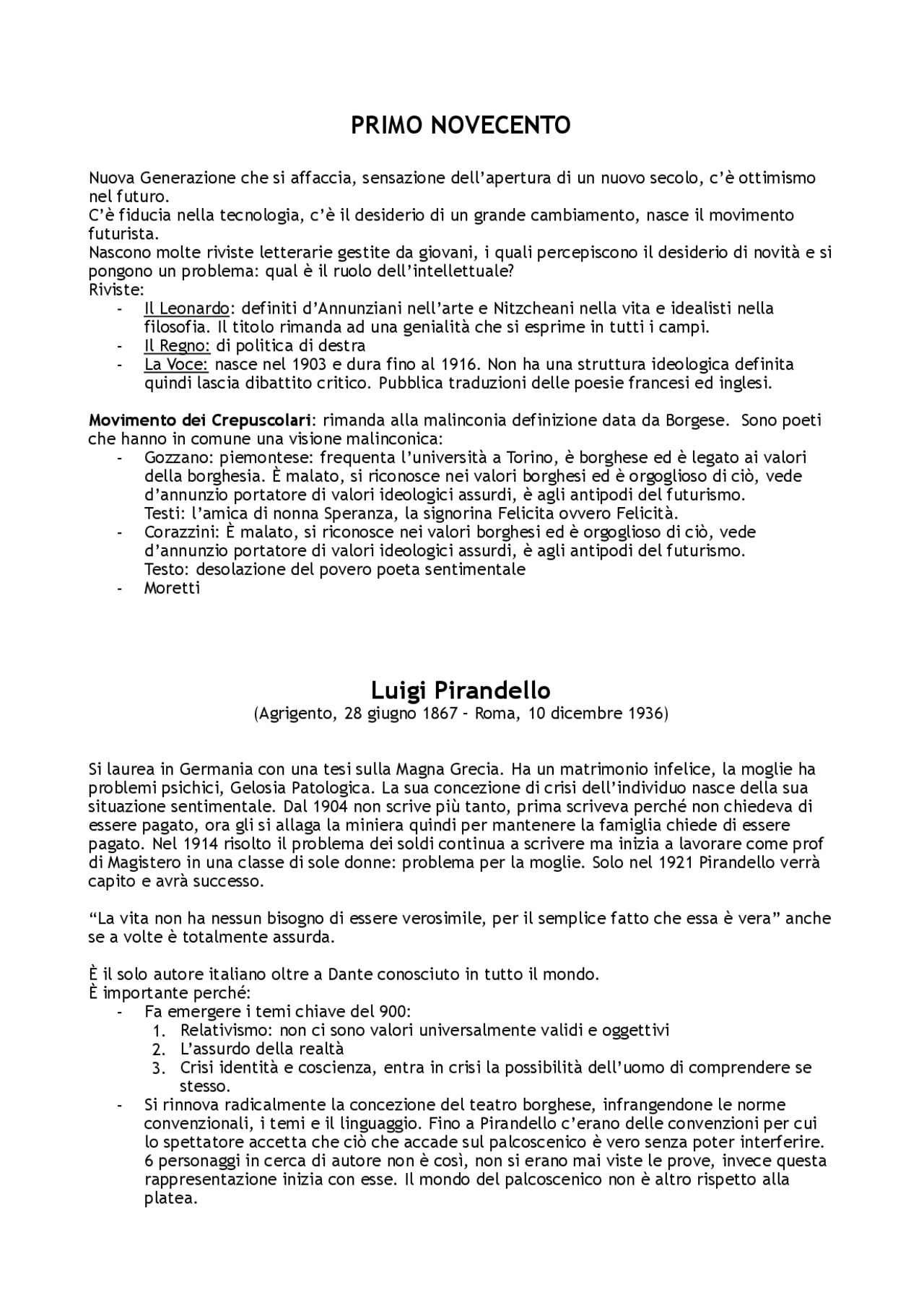 PRIMO NOVECENTO Pirandello e Svevo - Docsity