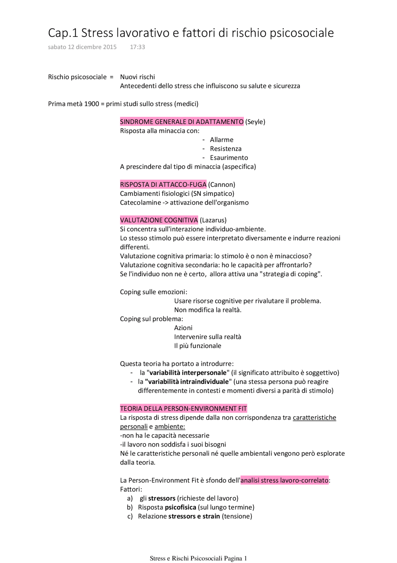 Stress e rischi psicosociali nelle organizzazioni | Schemi e mappe concettuali di Psicologia del ...