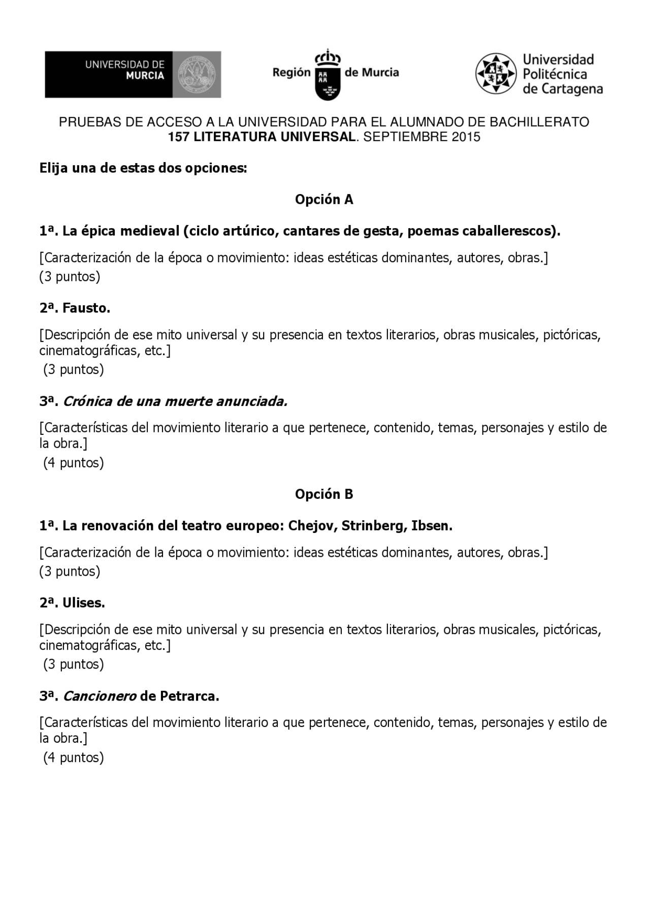 Examen PAU literatura universal extraordinaria Murcia 2015 - Docsity