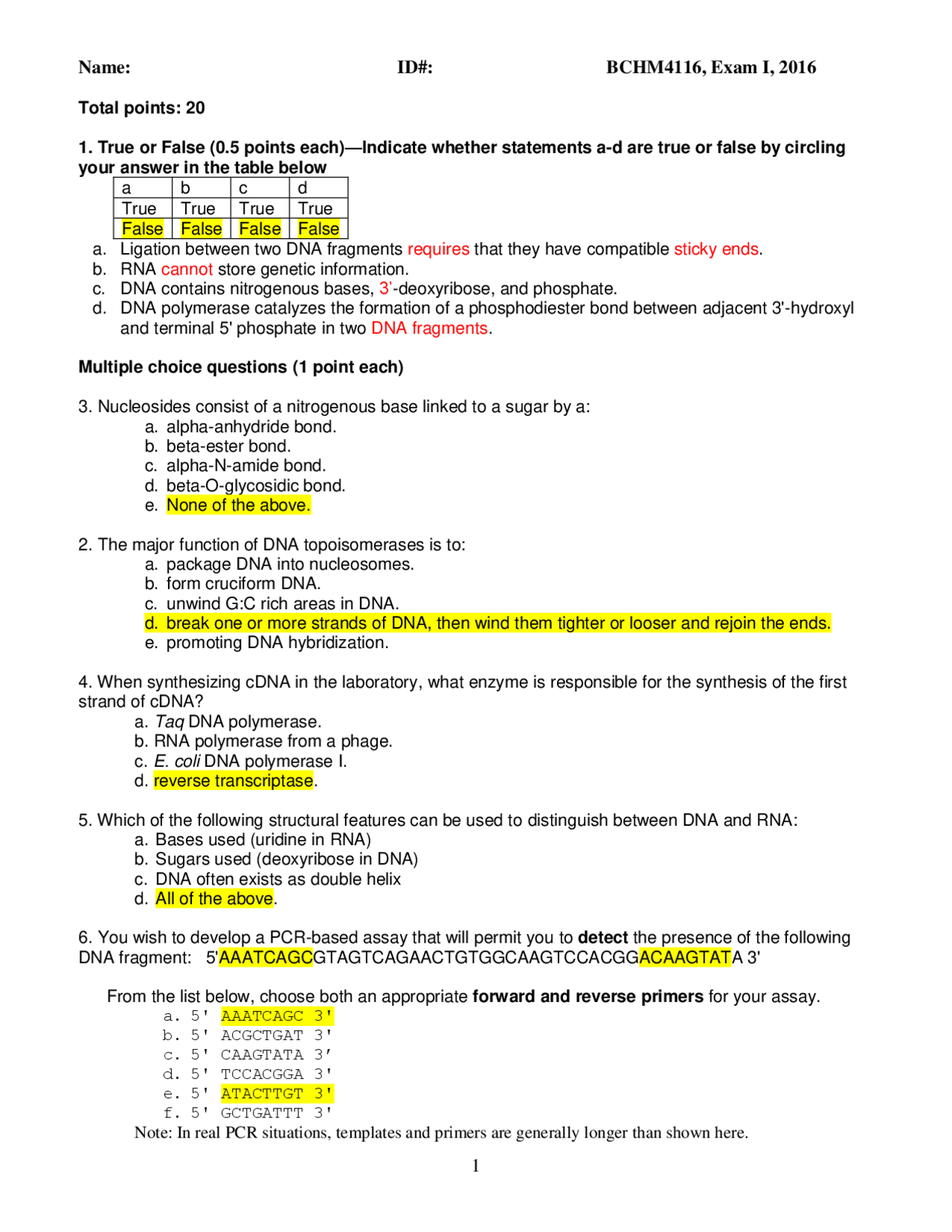 Exam 1 with Solution for General Biochemistry | BCHM 4116 - Docsity