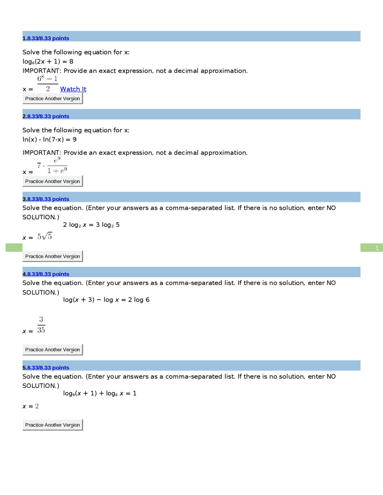 Homework 4 Solutions Precalculus Math 1113 Docsity