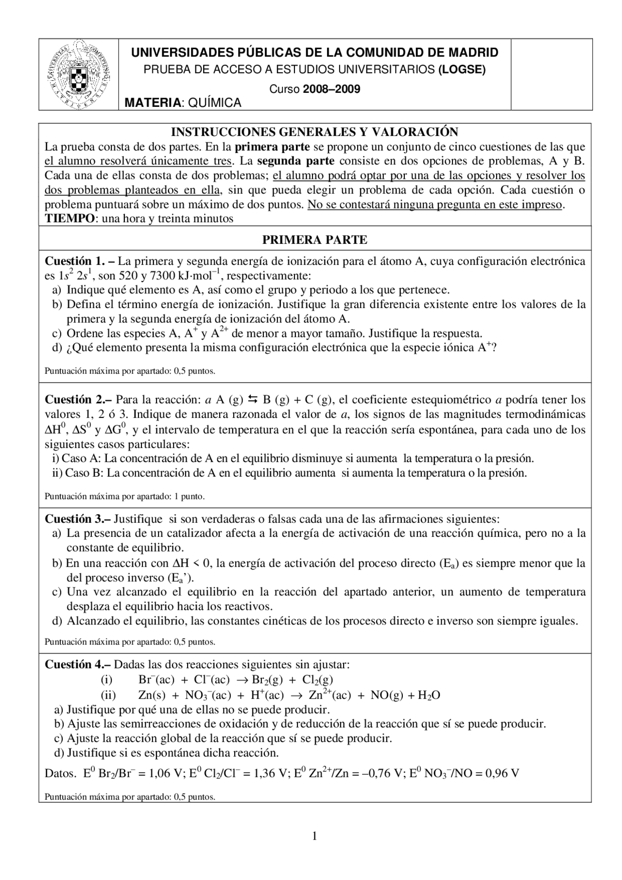 Selectividad Química Madrid 2009 Docsity