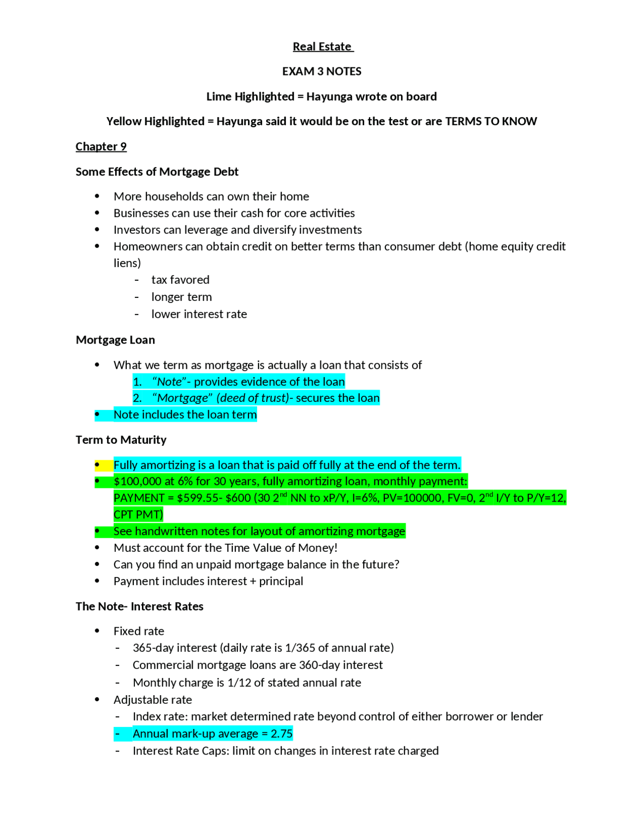 Study Notes for Exam 3 - Real Estate | REAL 4000 | Study notes ...