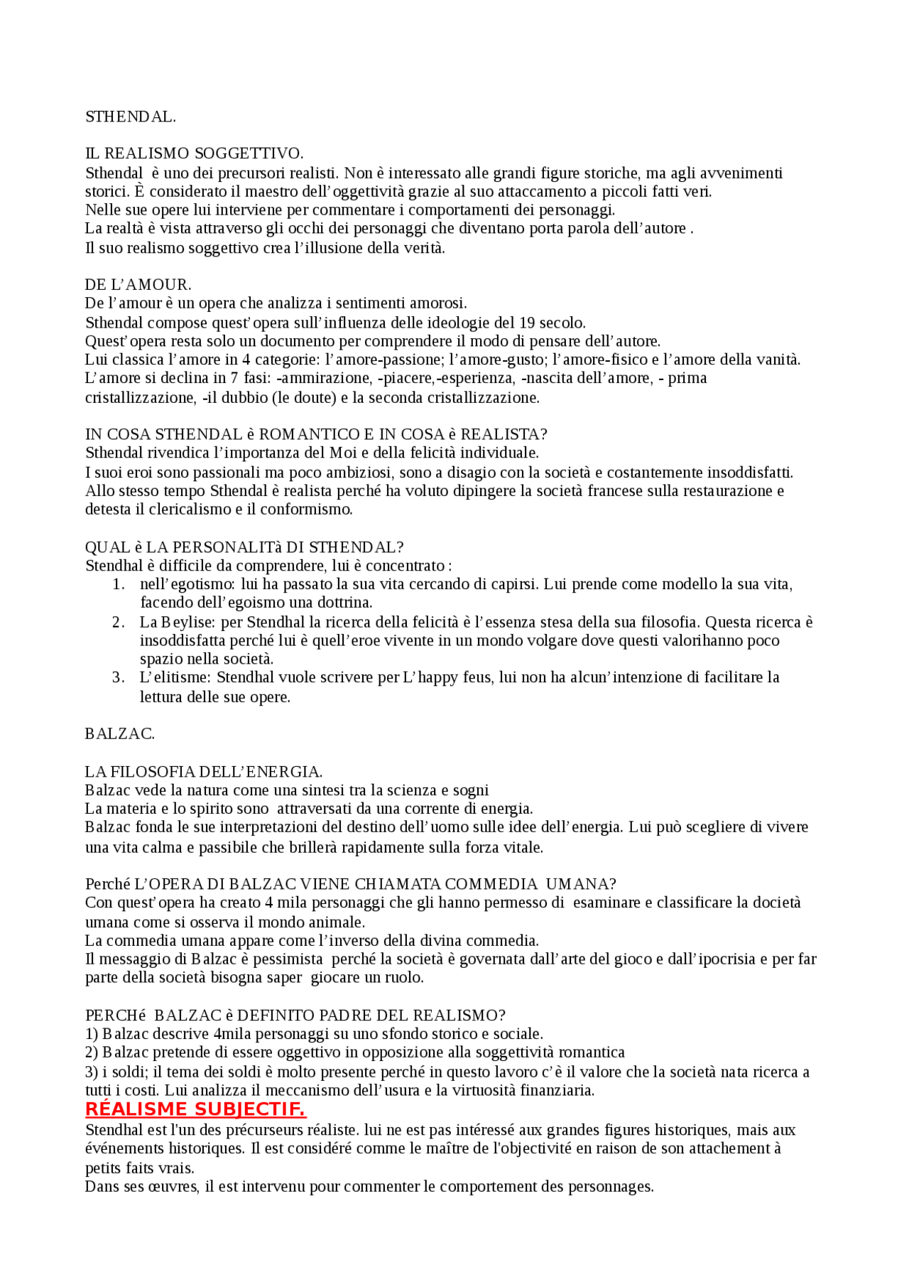 Francese Stendhal Flaubert E Balzac Notes Français Docsity