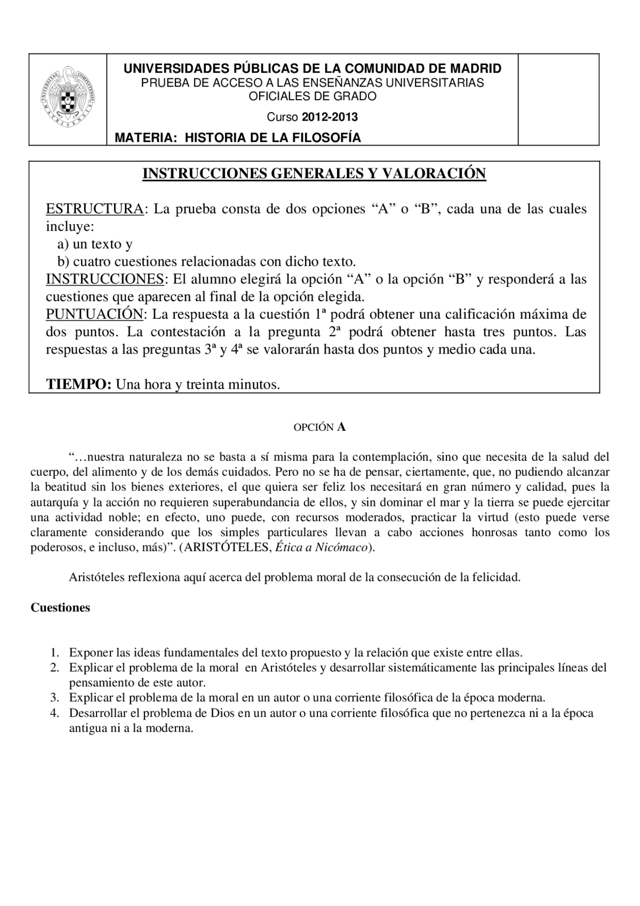 Exámenes Selectividad Filosofía Madrid 2013 Docsity