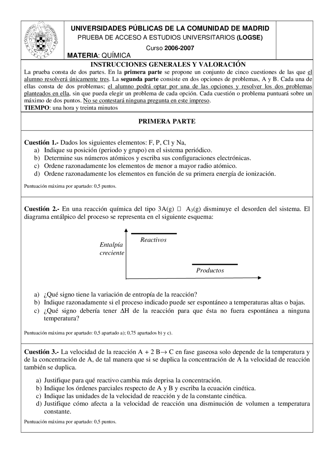 Selectividad Química Madrid 2007 Docsity