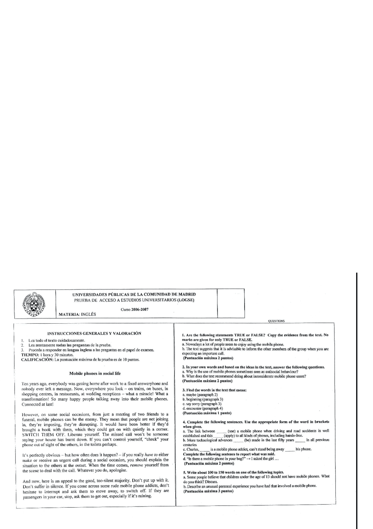 Examen Selectividad Inglés Madrid 2007 Docsity