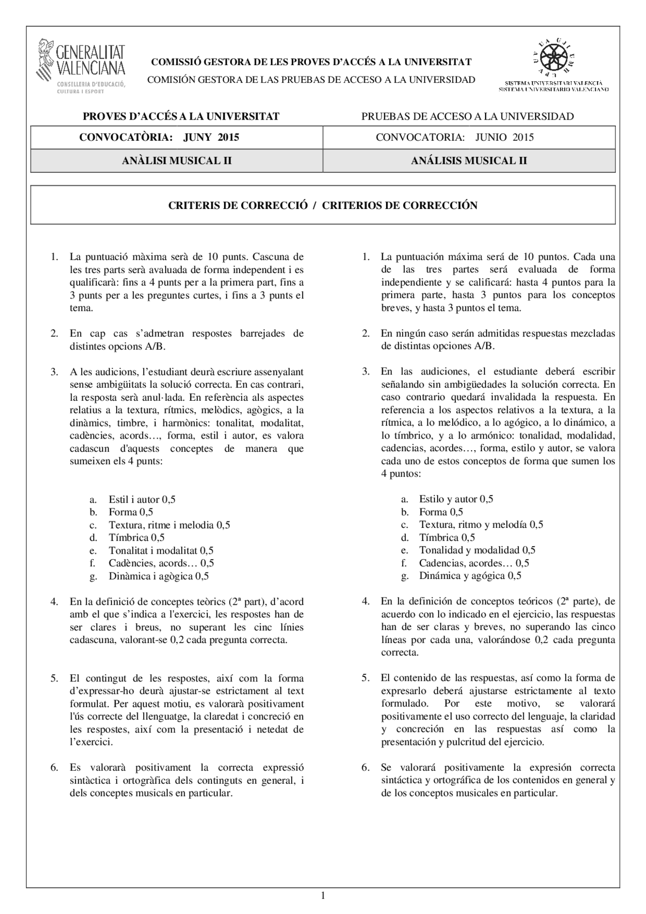 Exámenes De Selectividad Análisis Musical Valencia 2015 Docsity