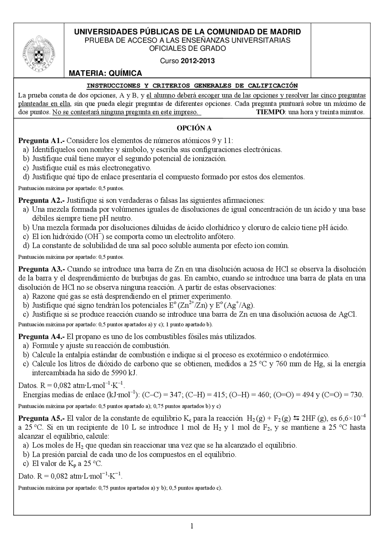 Selectividad Química Madrid 2013 Docsity
