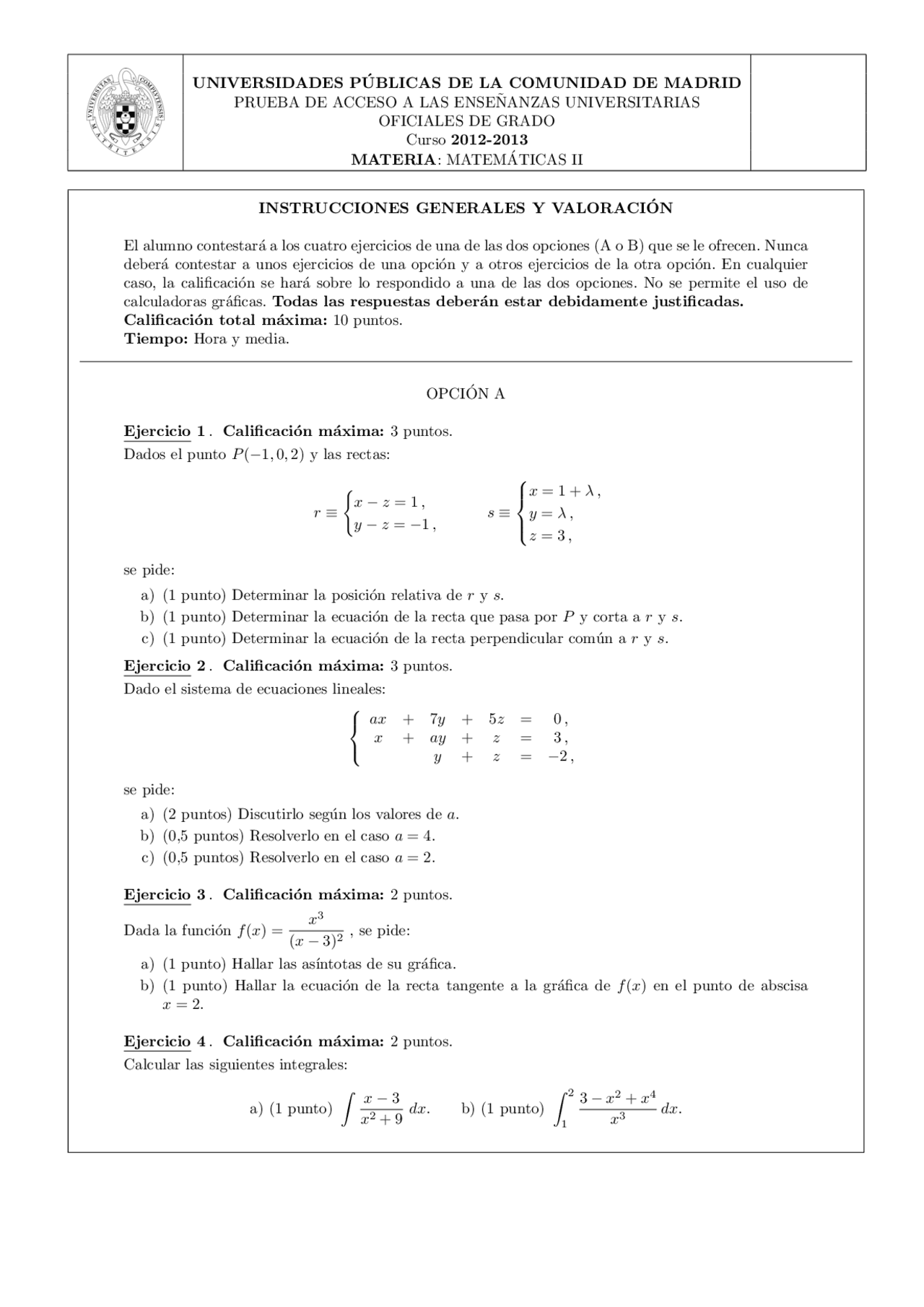 Exámenes Selectividad Matemáticas Ii Madrid 2013 Docsity