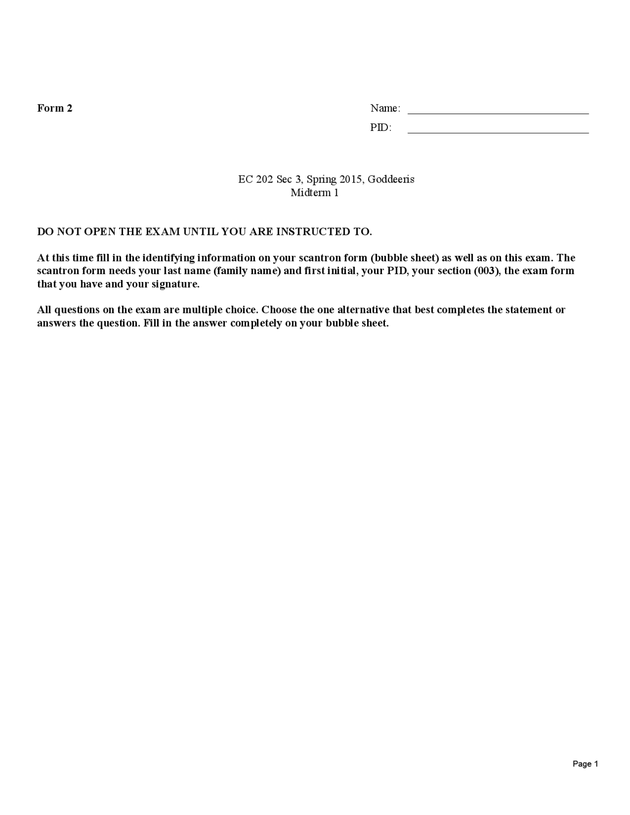 Midterm 1 With Answers Key Introduction To Macroeconomics Ec 202