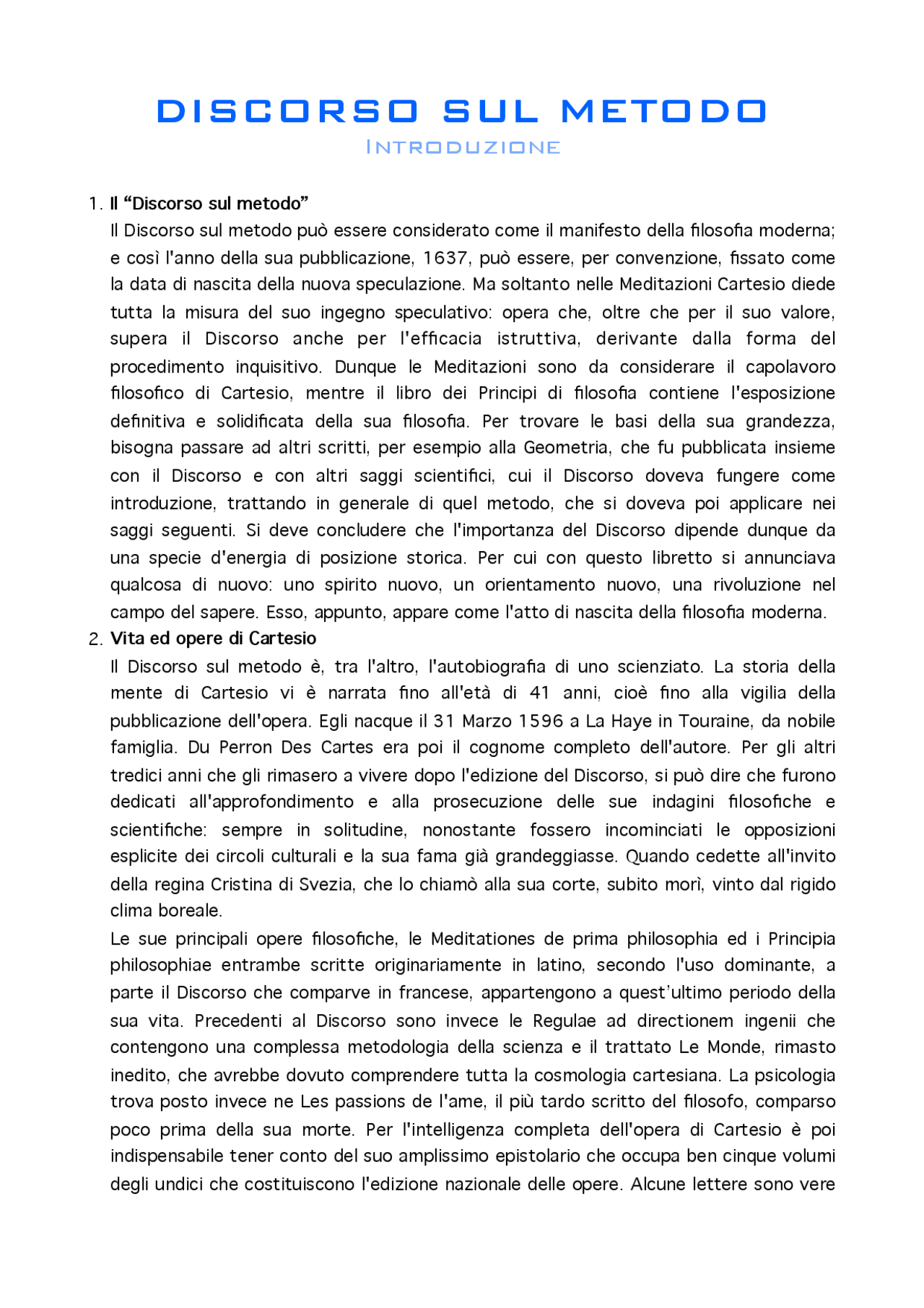Riassunto Discorso Sul Metodo Cartesio Docsity