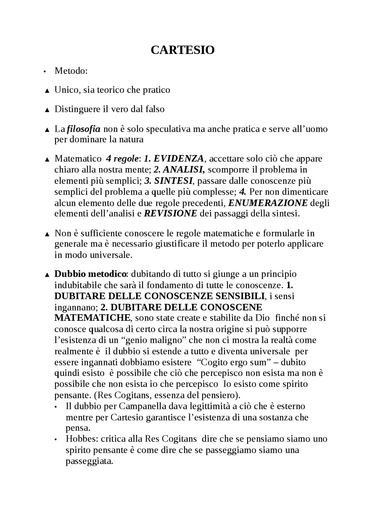 Cartesio Schemi E Mappe Concettuali Di Filosofia Docsity