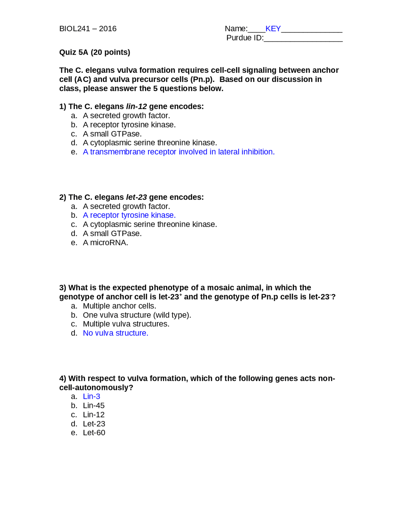 Quiz 5A with Key for Biology IV: Genetics and Molecular Biology | BIOL ...