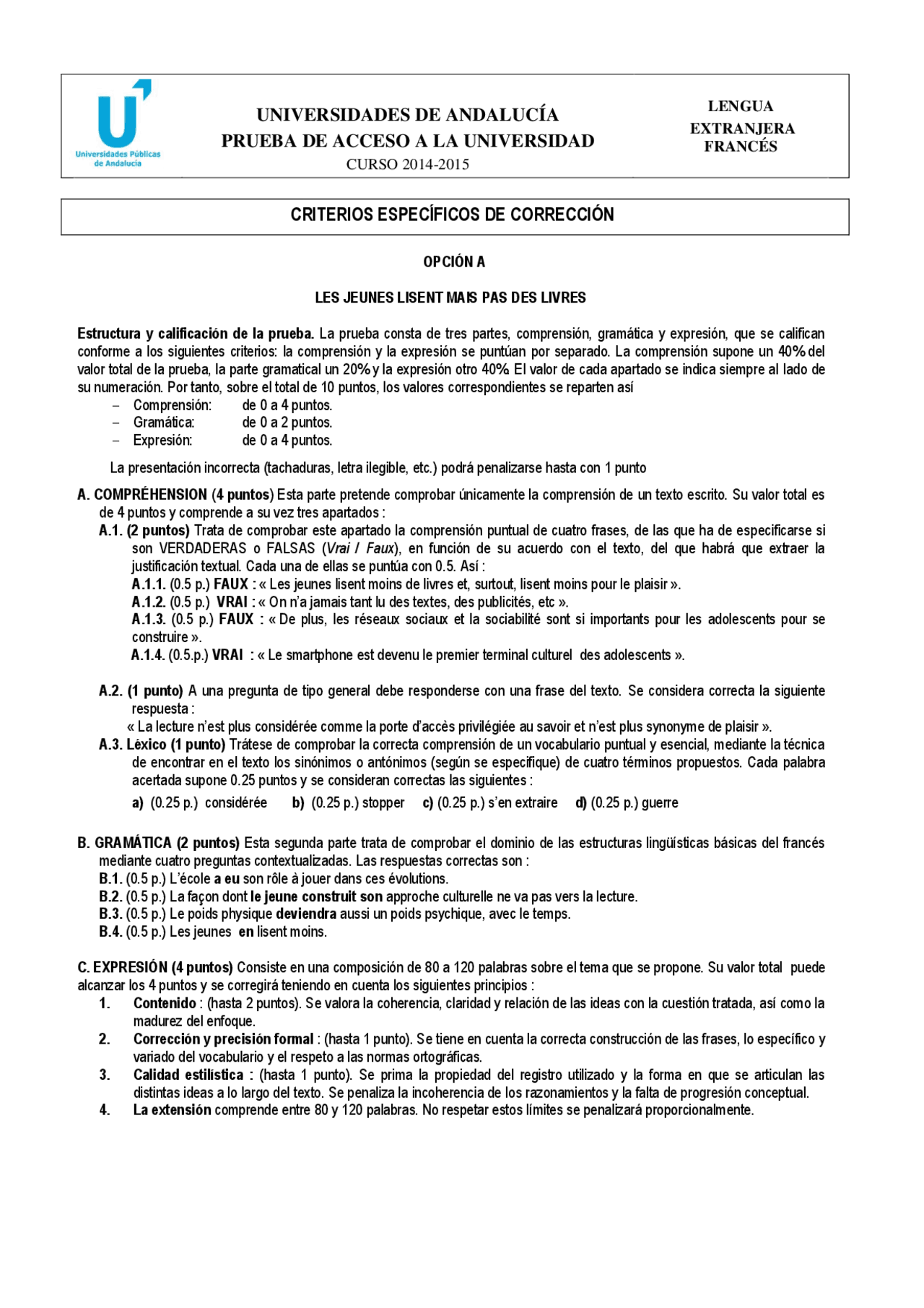 Selectividad Francés Andalucía 2014 Docsity