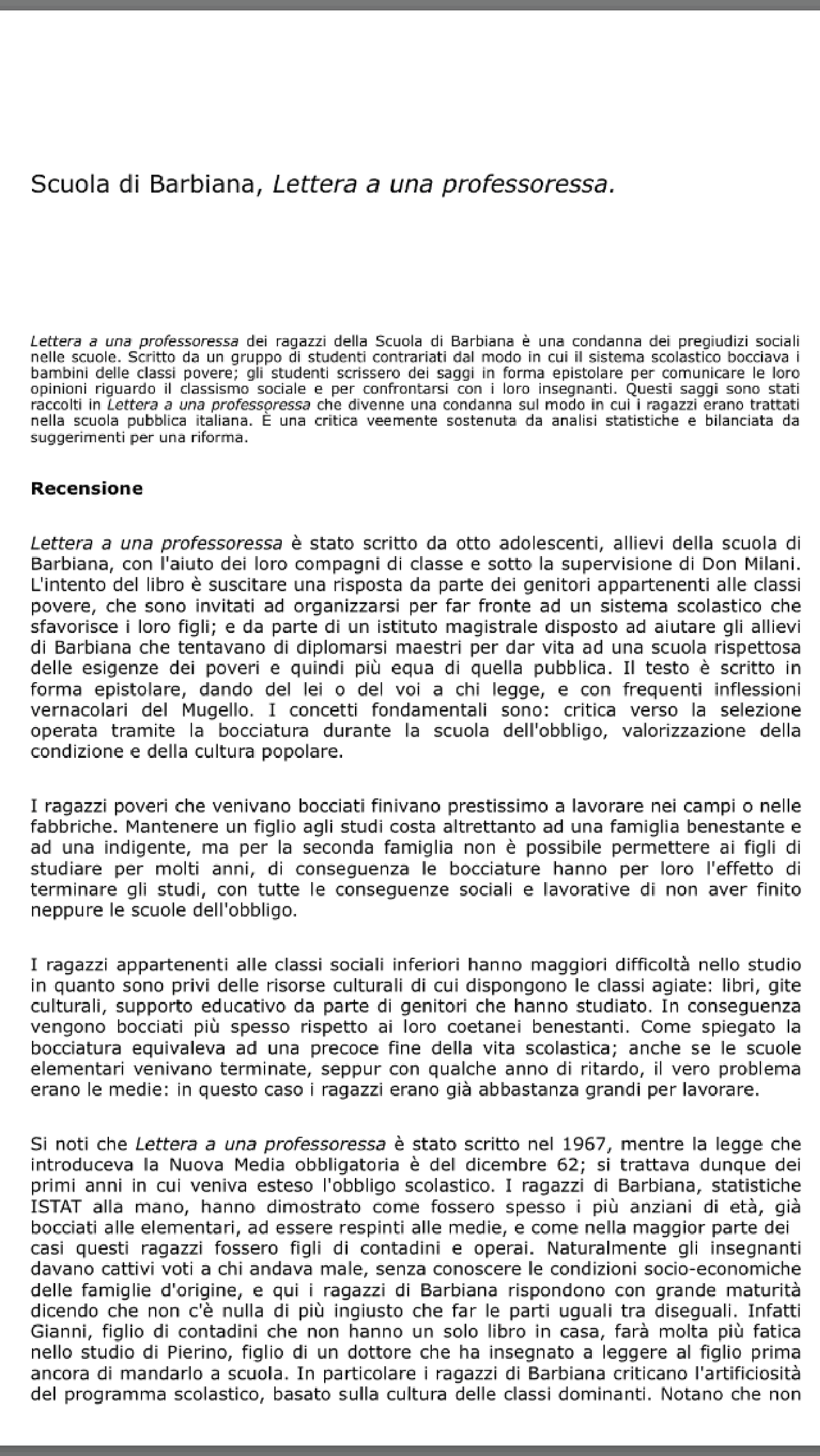 Riassunto Lettere Ad Una Professoressa Appunti Di Pedagogia Docsity