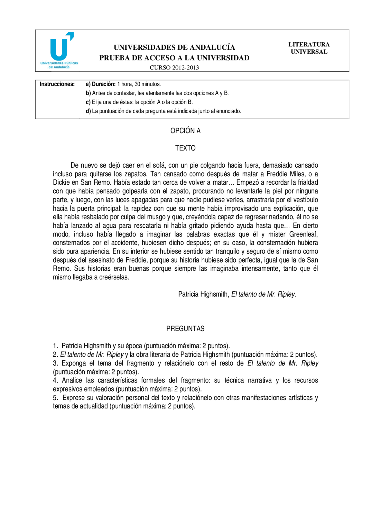 Literatura universal examen PAU Andalucía 2012 - Docsity
